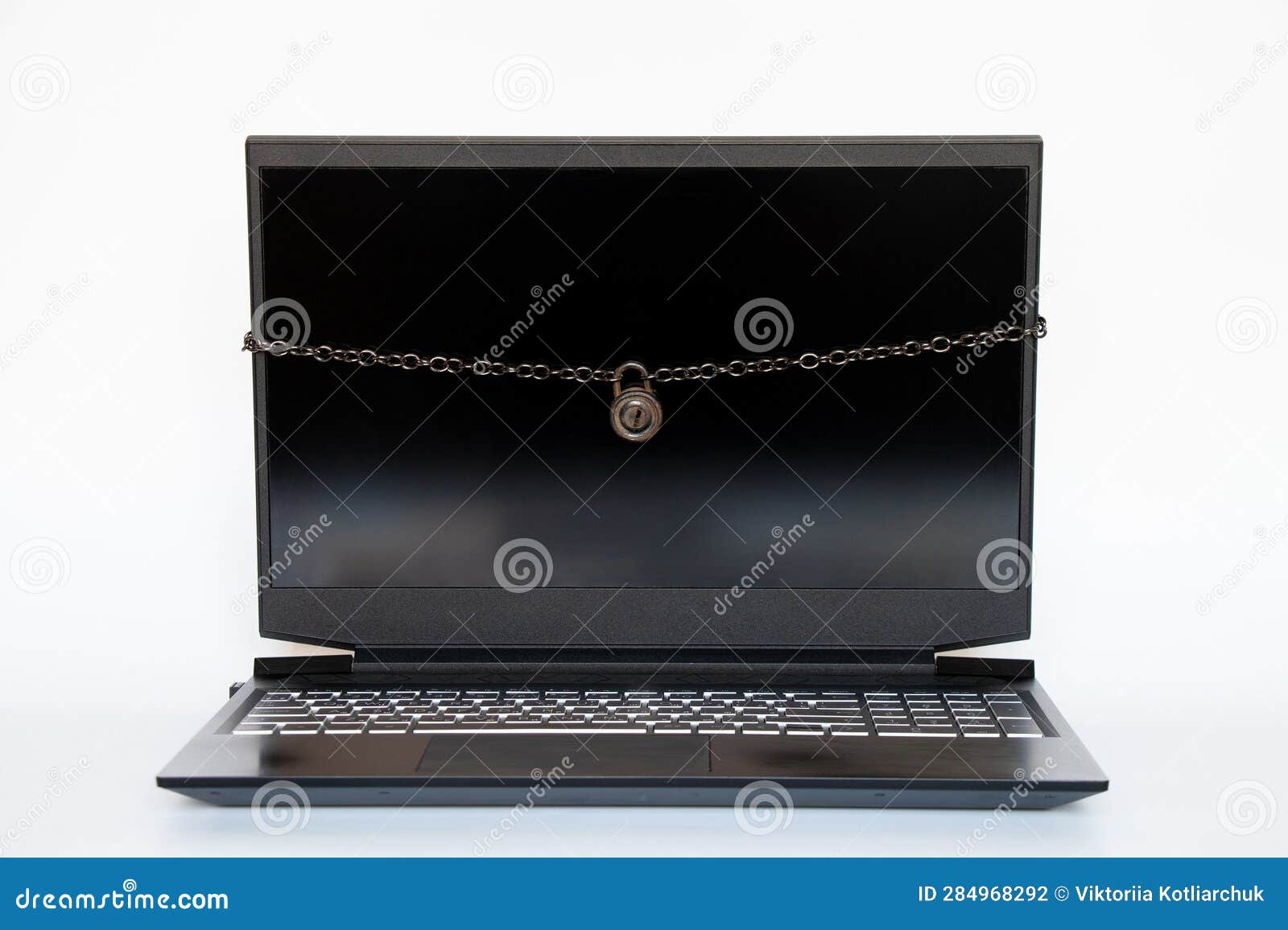Black Laptop Tied with Chain with a Padlock on a White Background ...