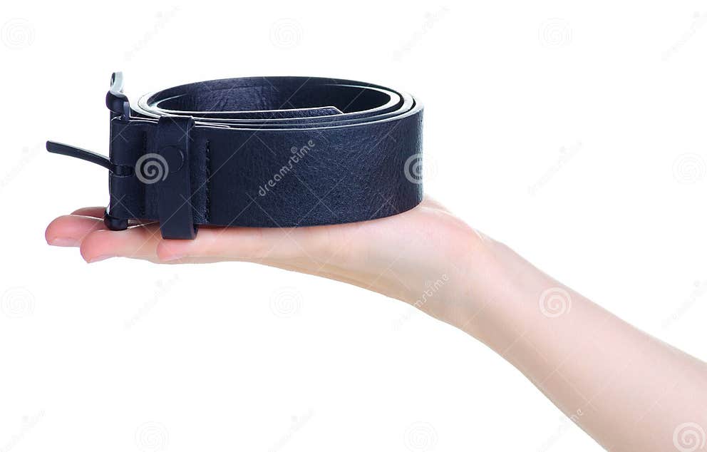 Black leather belt in hand stock image. Image of buckle - 180152479