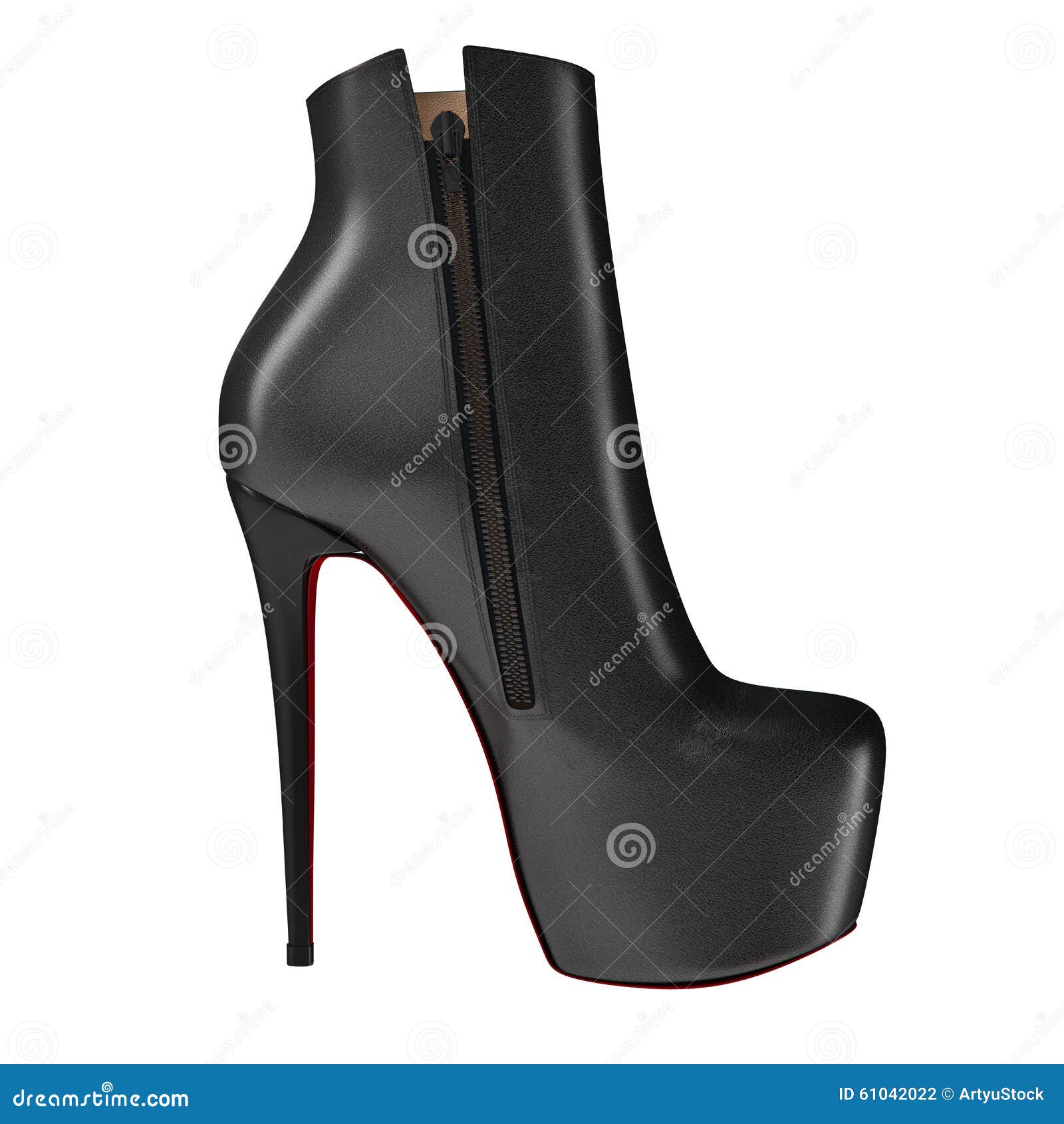 Black Leather Boots on High Heels, Side View. 3D Stock Illustration ...