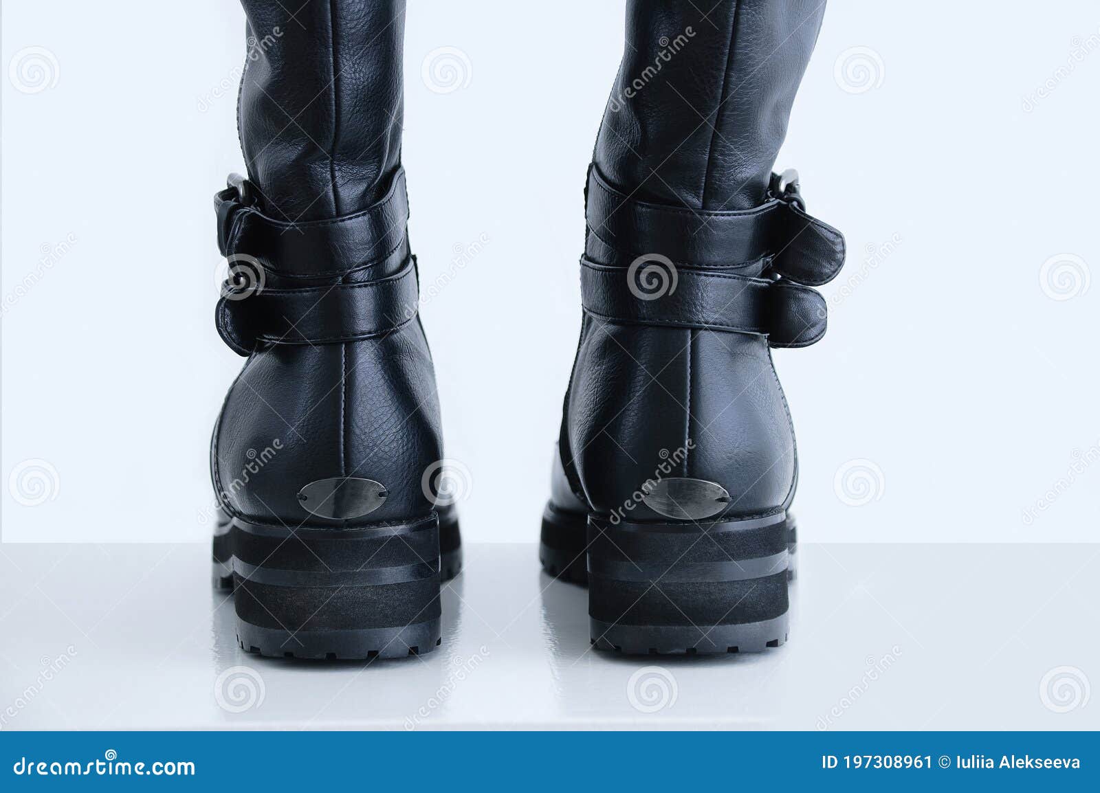 Black Leather Boots with Metal Seams, Back View on White Background ...