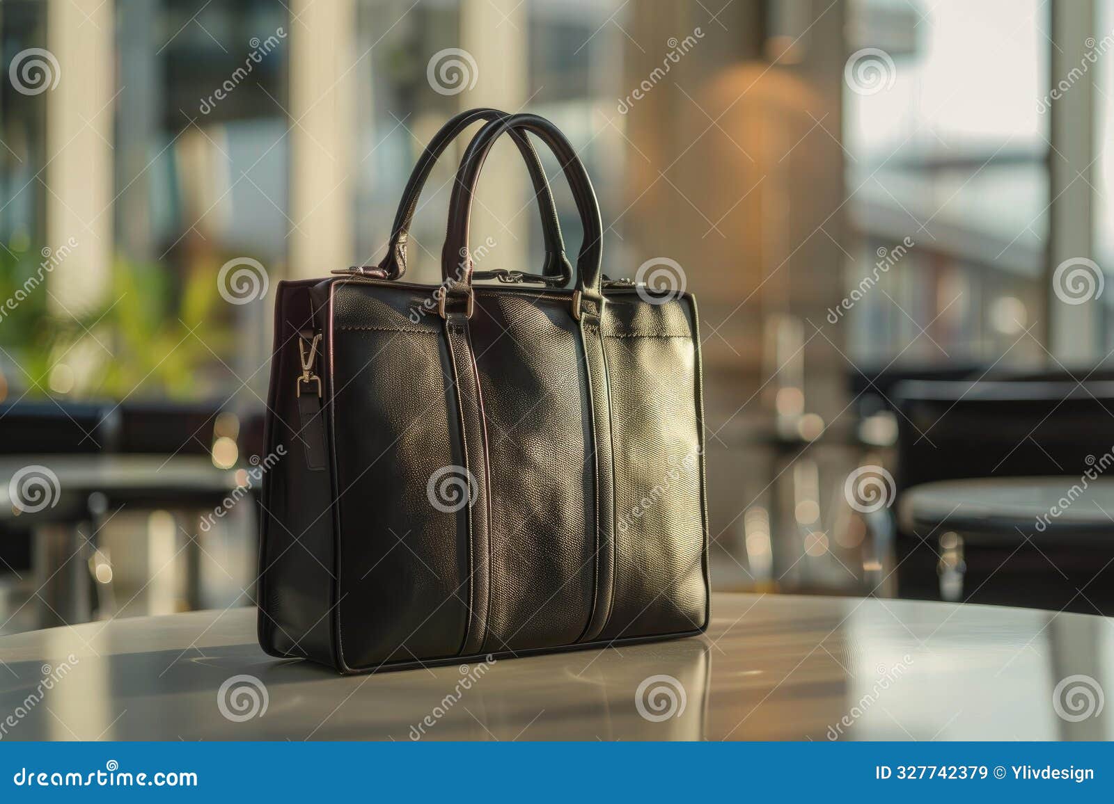 Black Leather Briefcase Sitting on Table in Empty Cafe with Big Windows ...