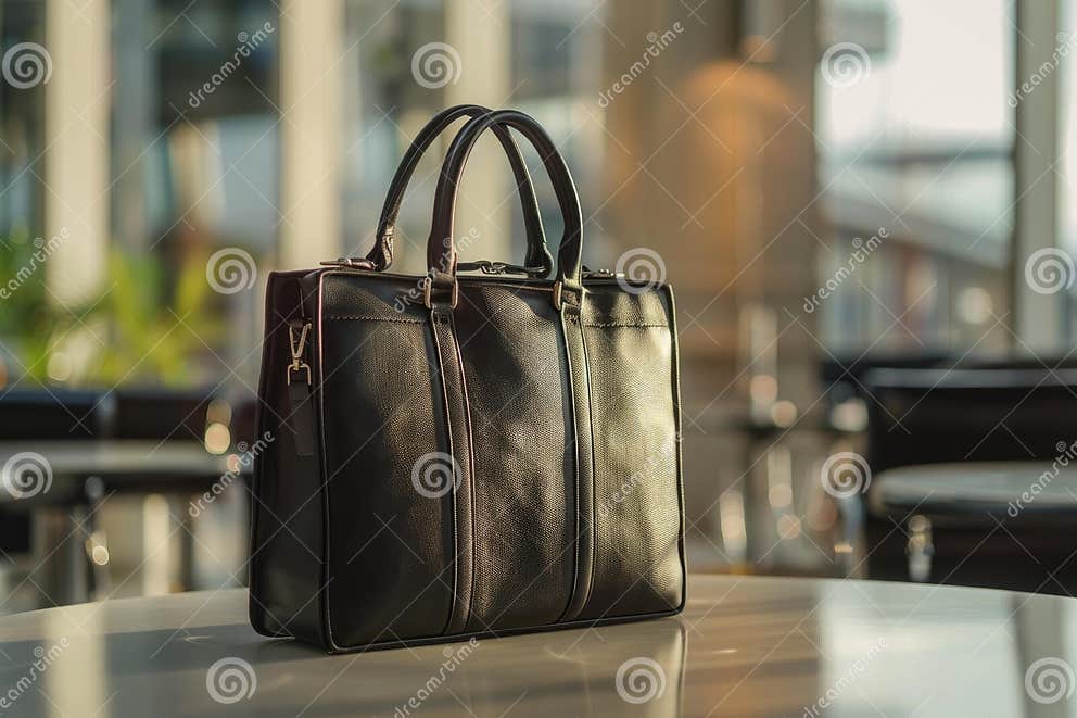 Black Leather Briefcase Sitting on Table in Empty Cafe with Big Windows ...