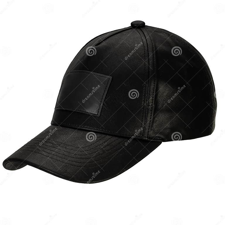 Black Leather Cap with Front Patch Angled View Stock Image - Image of ...