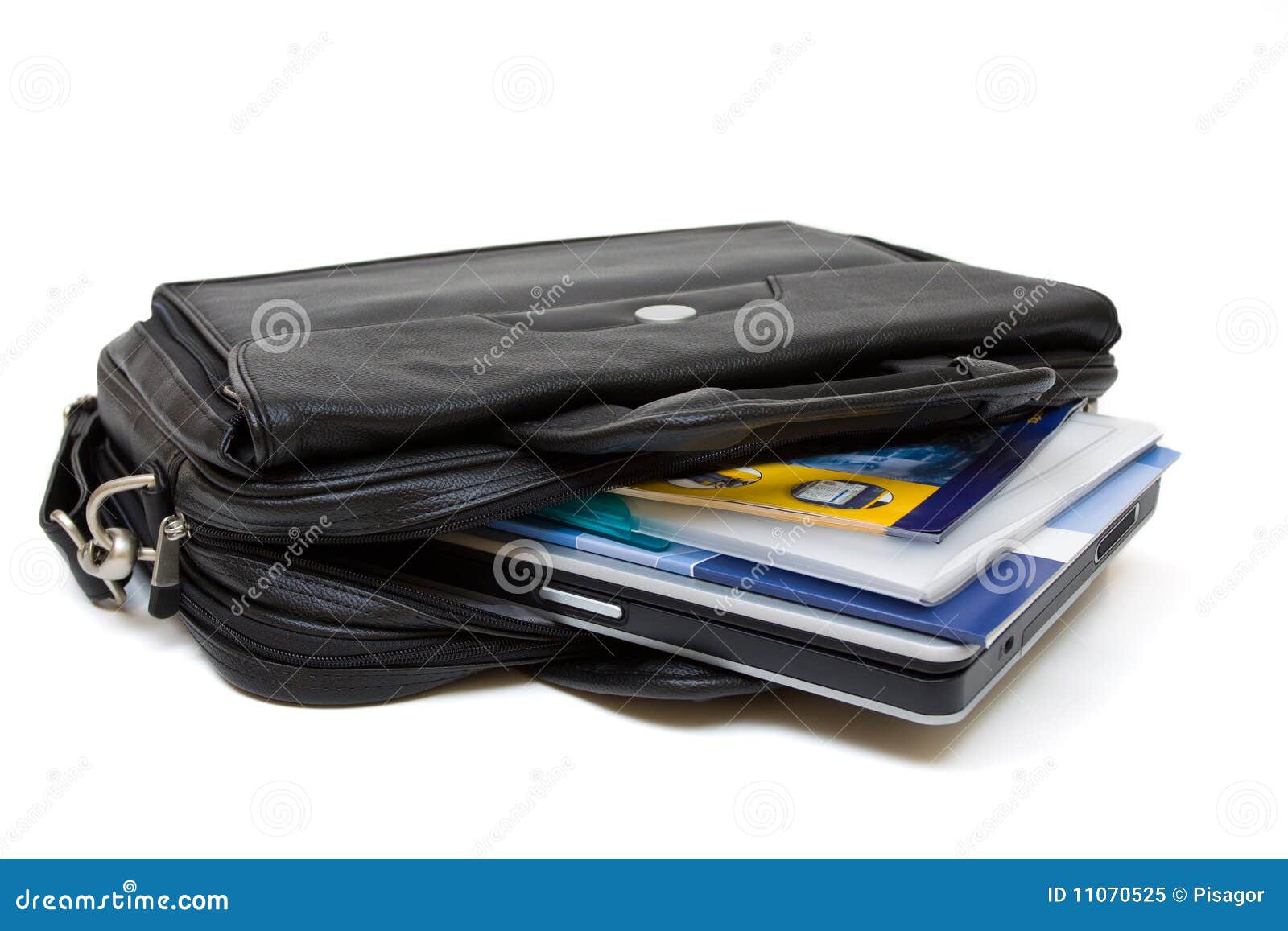 Black Leather Computer Bag with Laptop and Folders Stock Image - Image ...