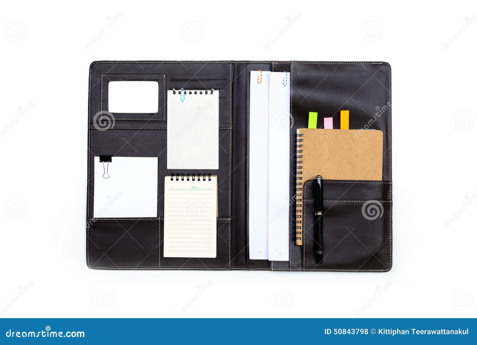 Black Leather Folder with Note Paper Isolated Stock Photo - Image of ...