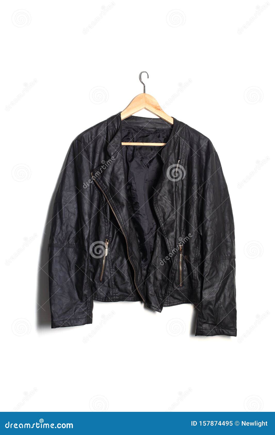 Black Leather Jacket stock image. Image of hanging, white - 157874495