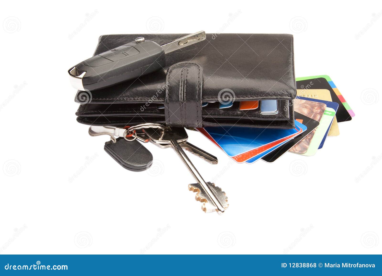 Black Leather Wallet with Credit Cards and Keys Stock Photo - Image of ...