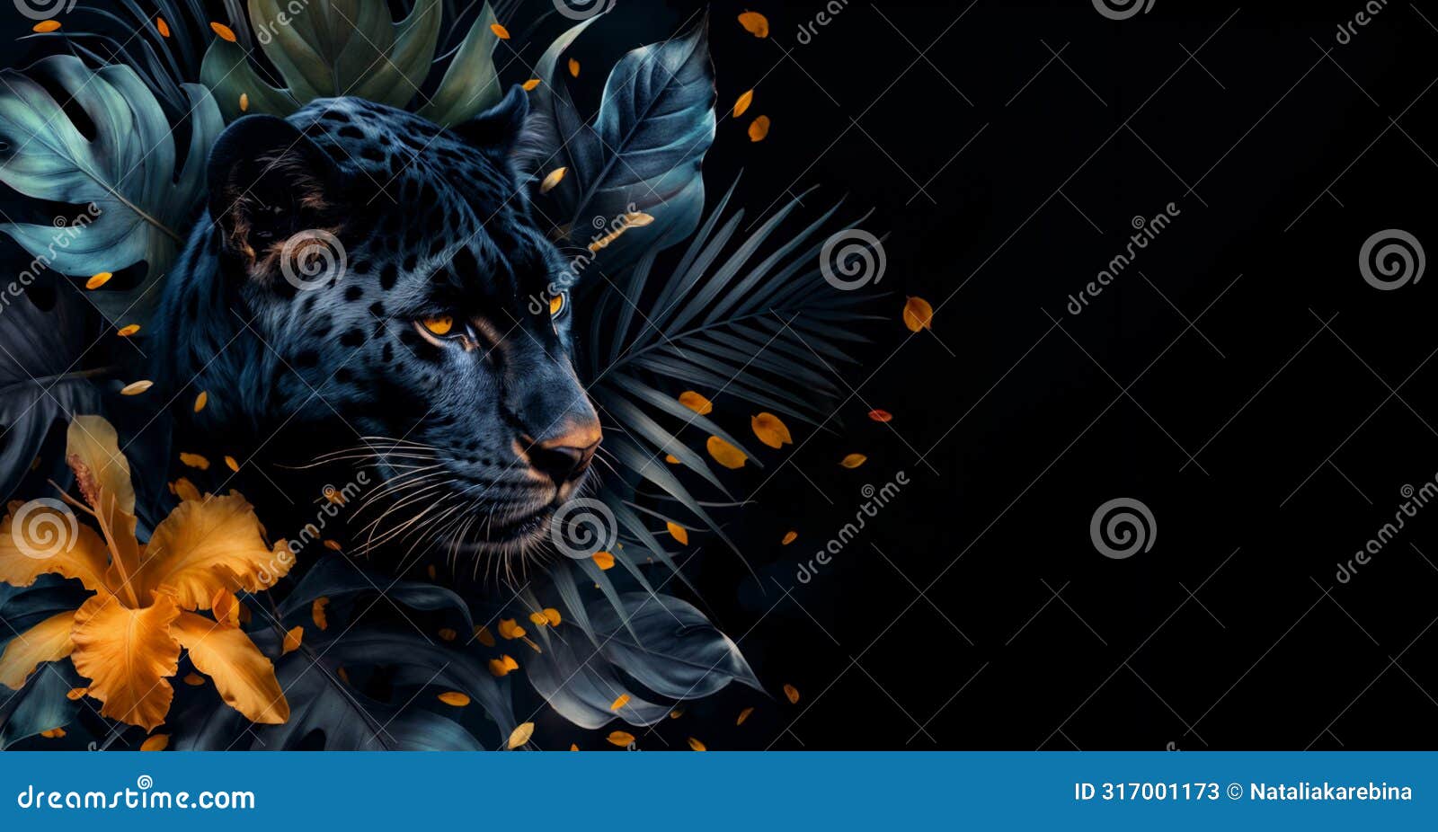 A Black Leopard Amidst a Lush Display of Leaves and Flowers. Stock ...