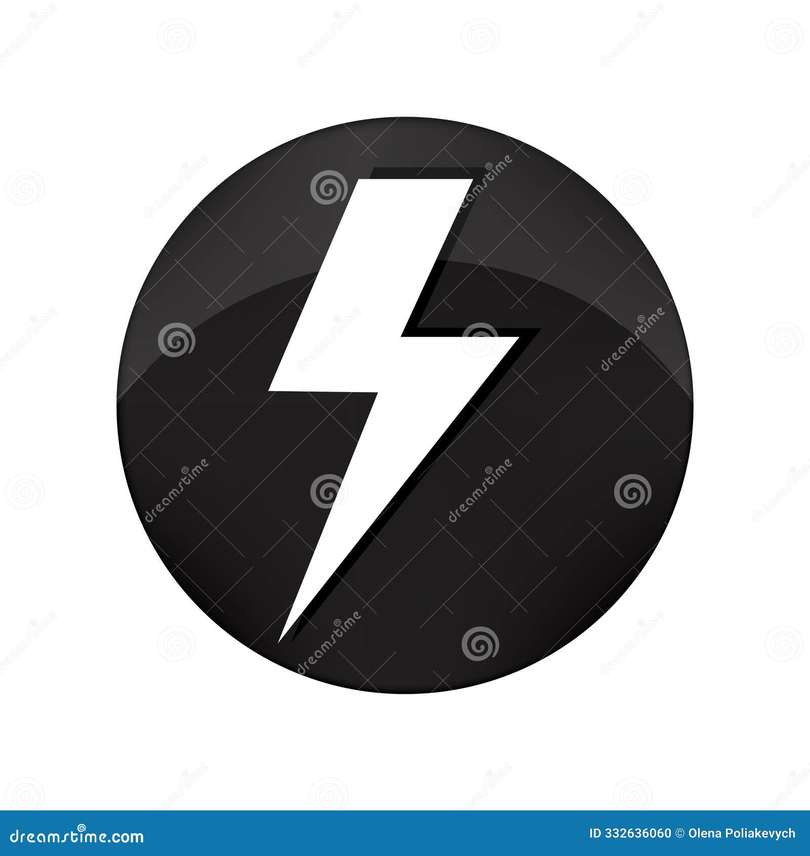 Black Lightning Bolt. Circular Glossy Icon. Power Symbol. Vector ...