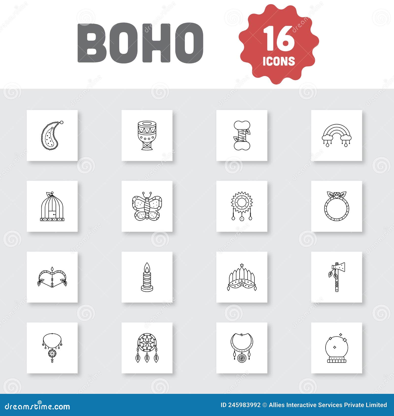 Black Line Art Set of 16 Icons of Boho in Flat Style Stock Illustration ...