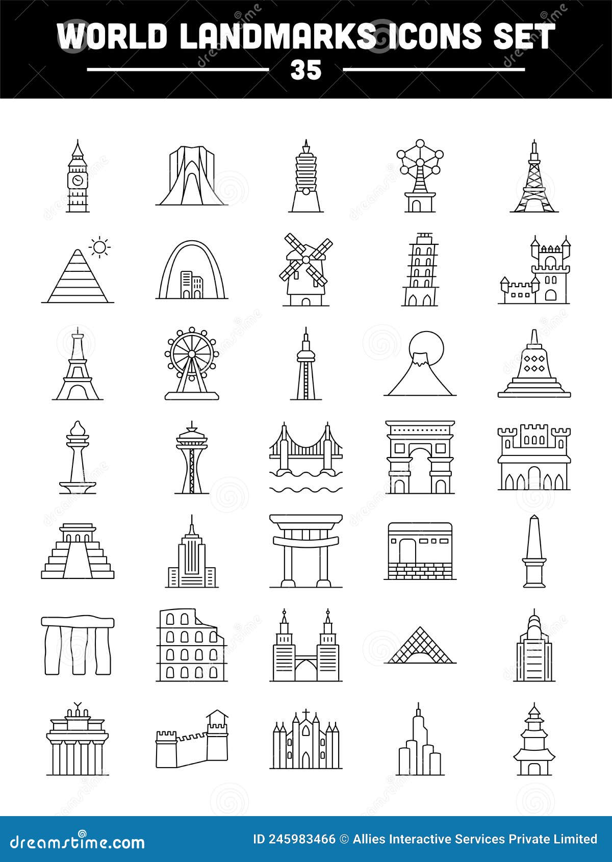Black Line Art Set of World Landmarks Icon in Flat Editorial Photo ...