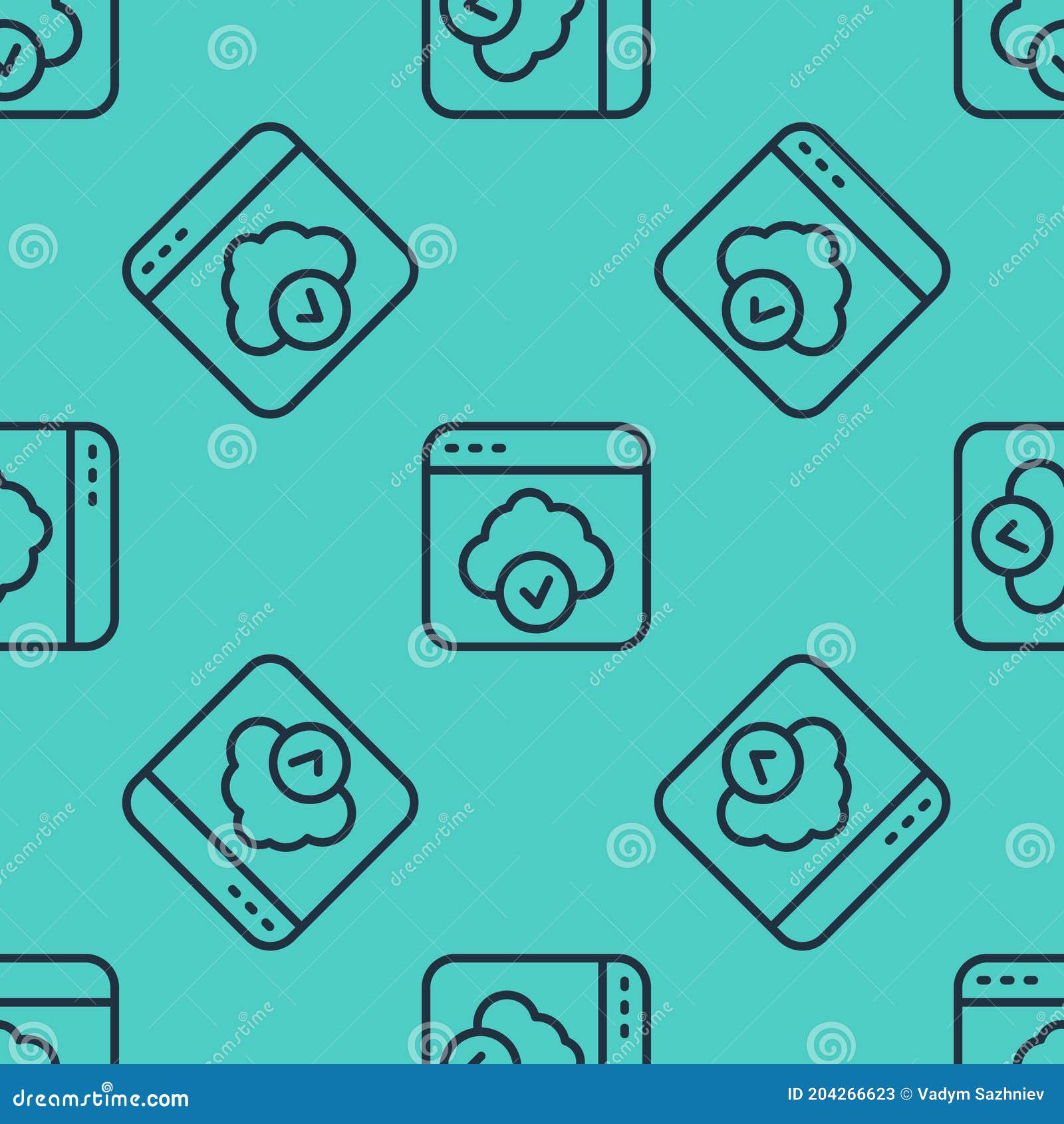 Black Line Cloud Technology Data Transfer and Storage Icon Isolated Seamless Pattern on Green ...