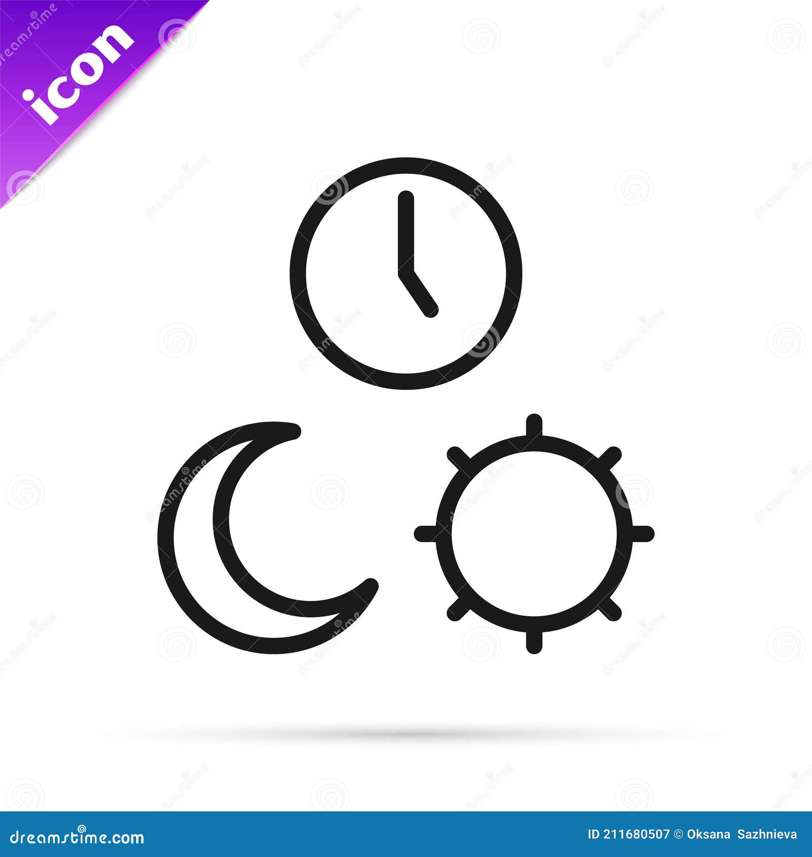 Black Line Day and Night with Time Icon Isolated on White Background ...
