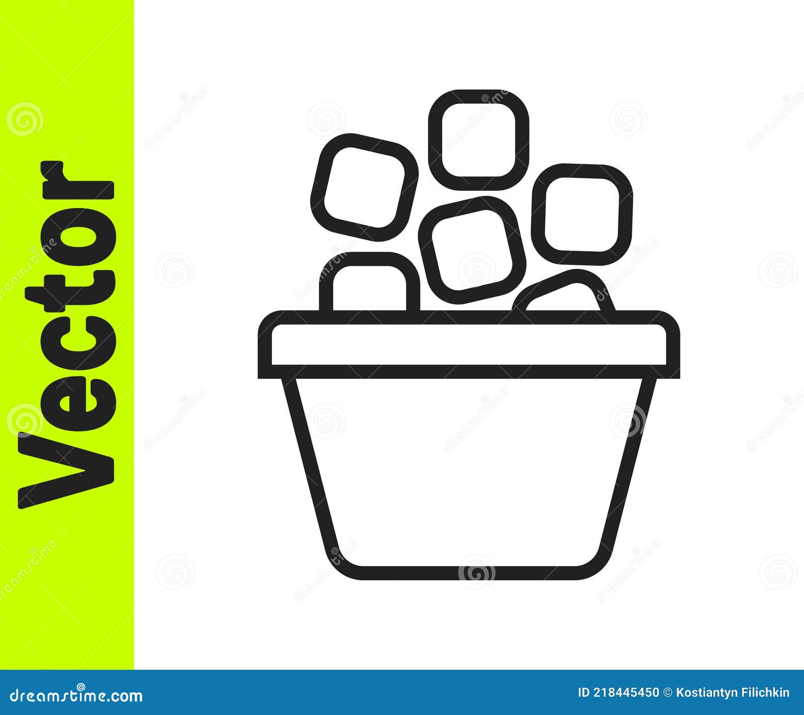 Black Line Ice Bucket Filled with Ice Cubes Icon Isolated on White ...