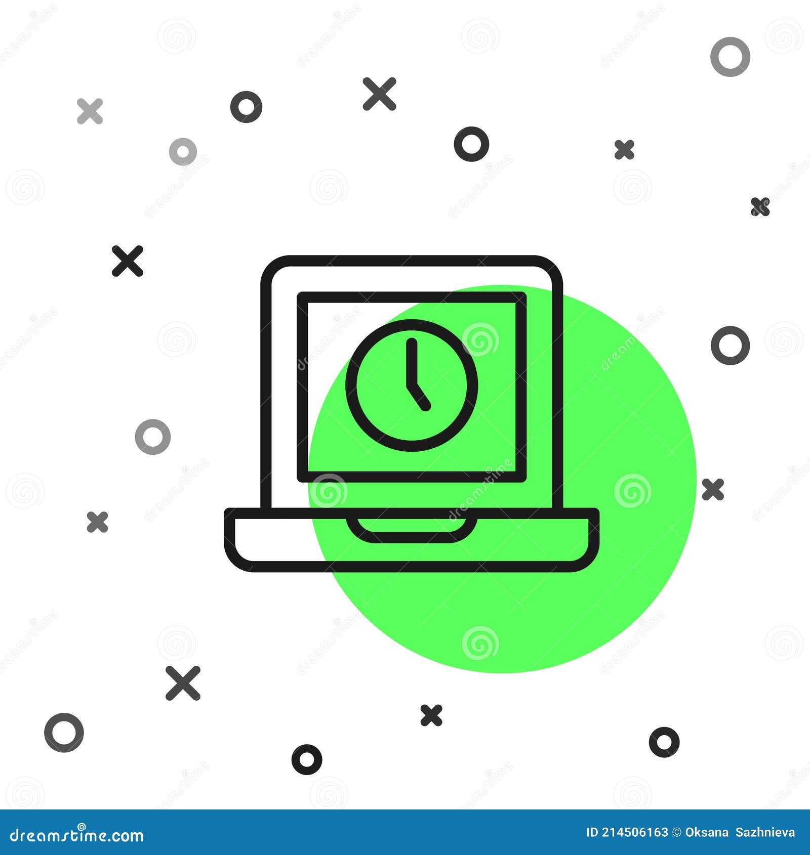 Black Line Laptop Time Icon Isolated on White Background. Computer ...