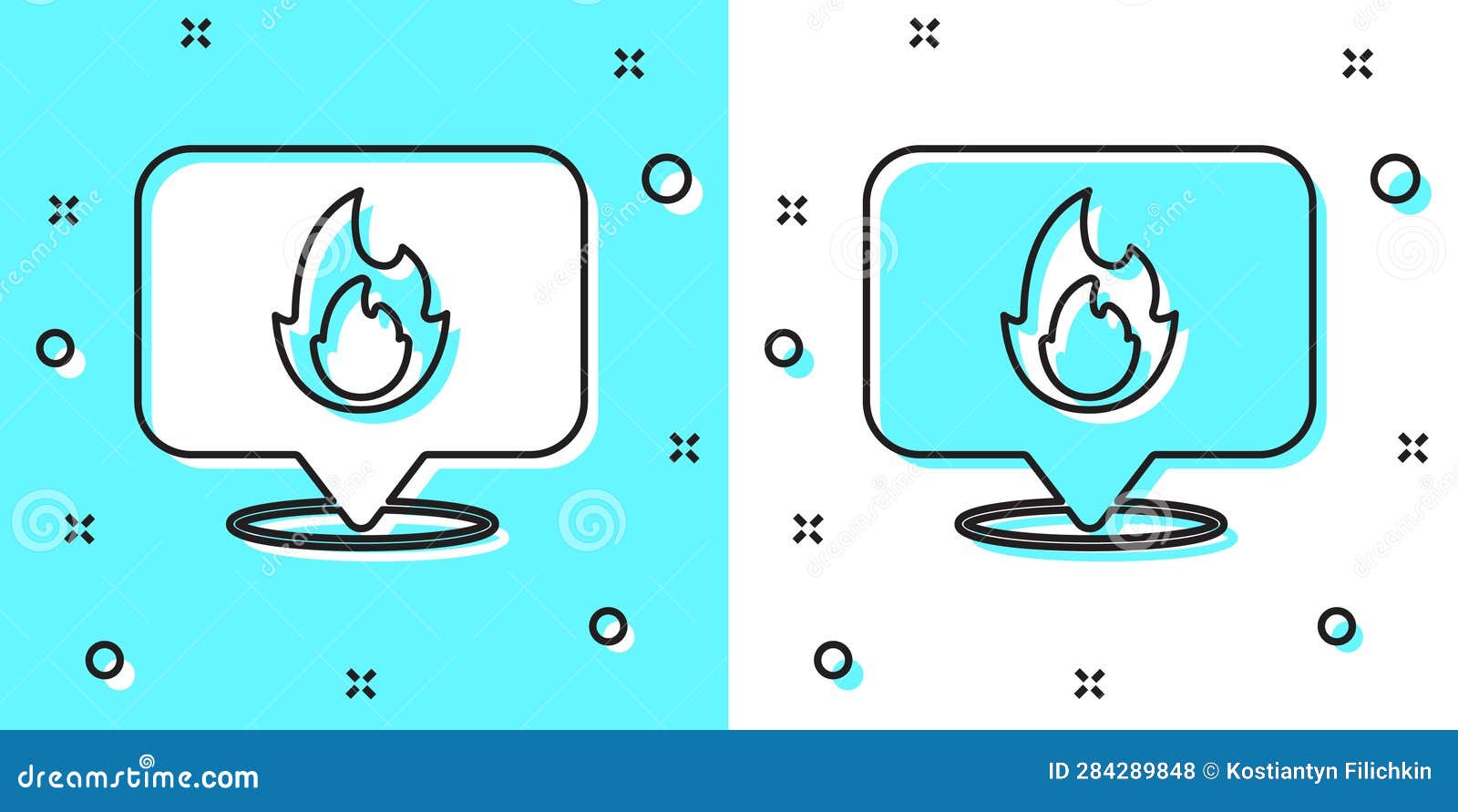 Black Line Map Pointer with Fire Flame Icon Isolated on Green and White ...