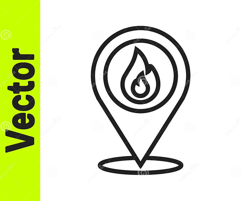 Black Line Map Pointer with Fire Flame Icon Isolated on White Background. Fire Nearby Stock ...