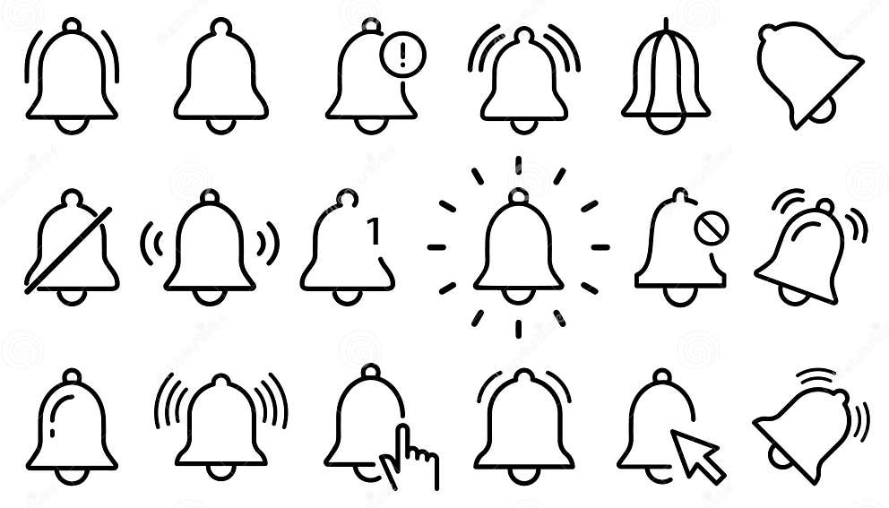 Black Line Notification Bell Icons Collection. Set of Line Bell Message ...