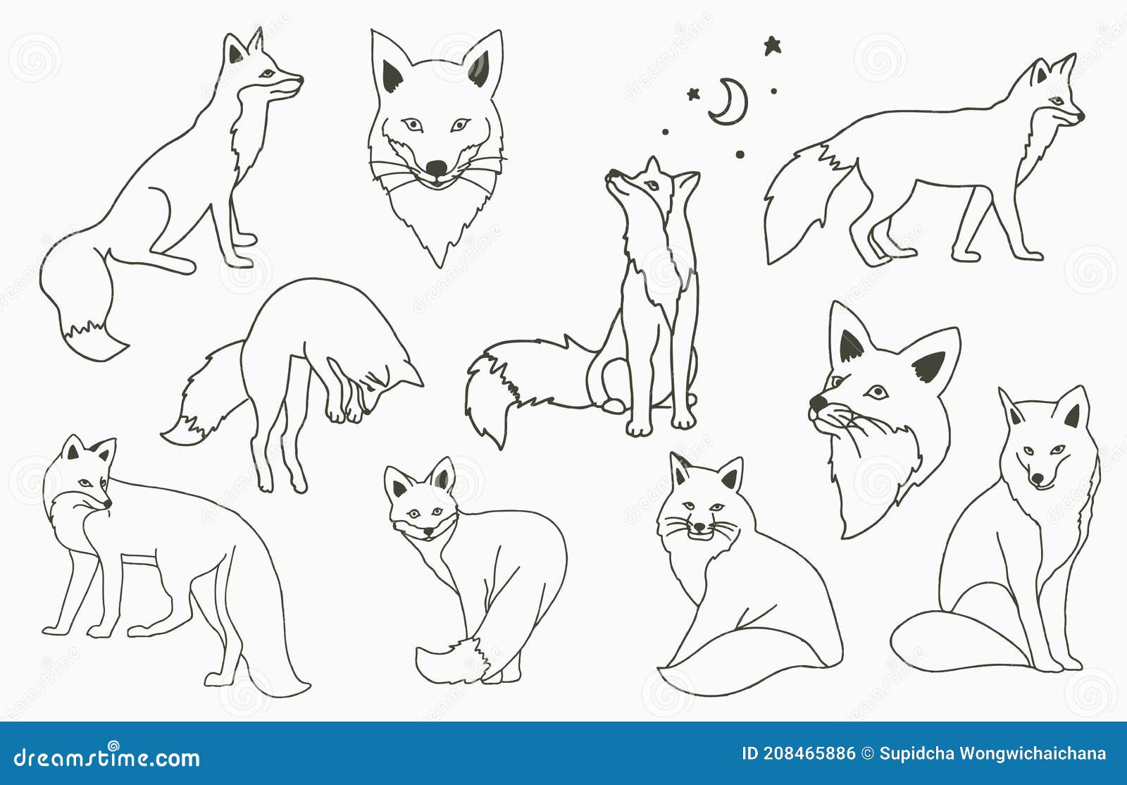Black Line Object Collection with Fox,moon,star Stock Vector ...