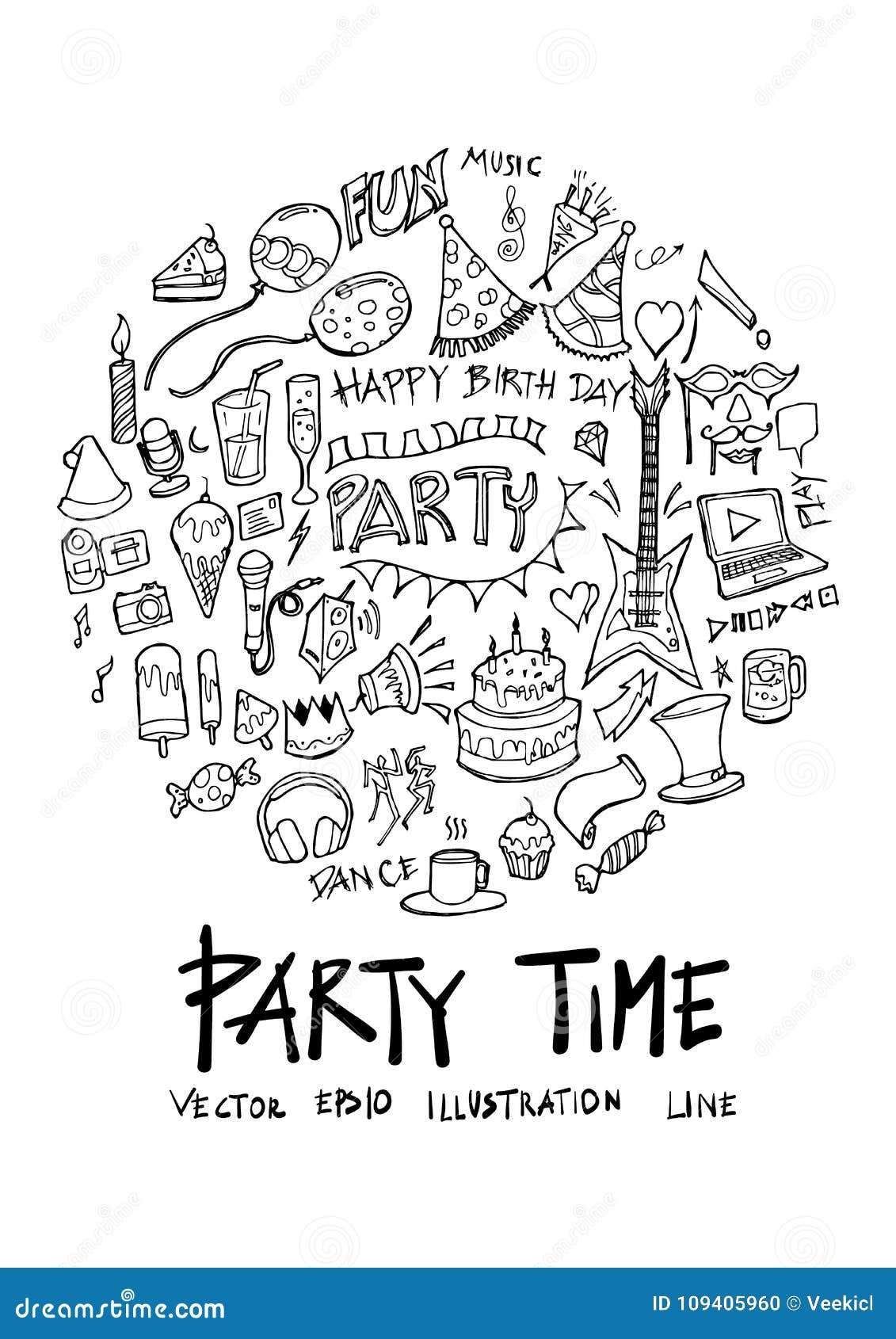 Black Line Party Doodle Illustration Circle Line Sketch Style Eps10 ...
