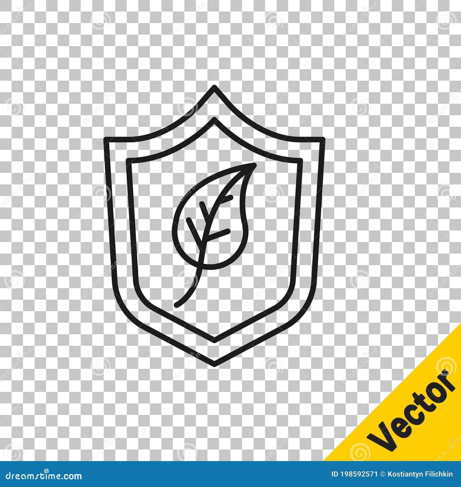 Black Line Shield with Leaf Icon Isolated on Transparent Background ...