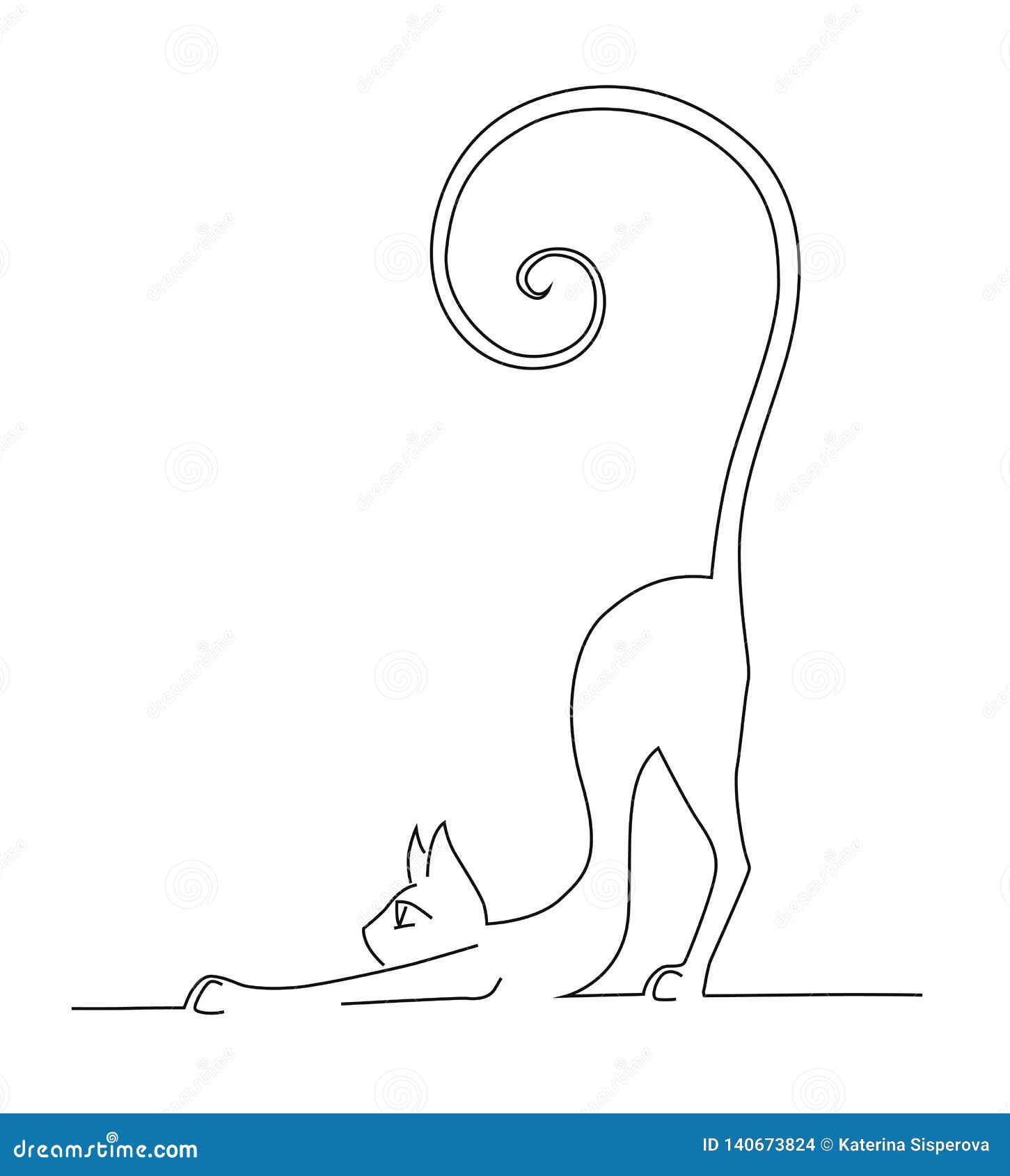 Black Line Vector Decorative Cat Illustration on White Background Stock ...