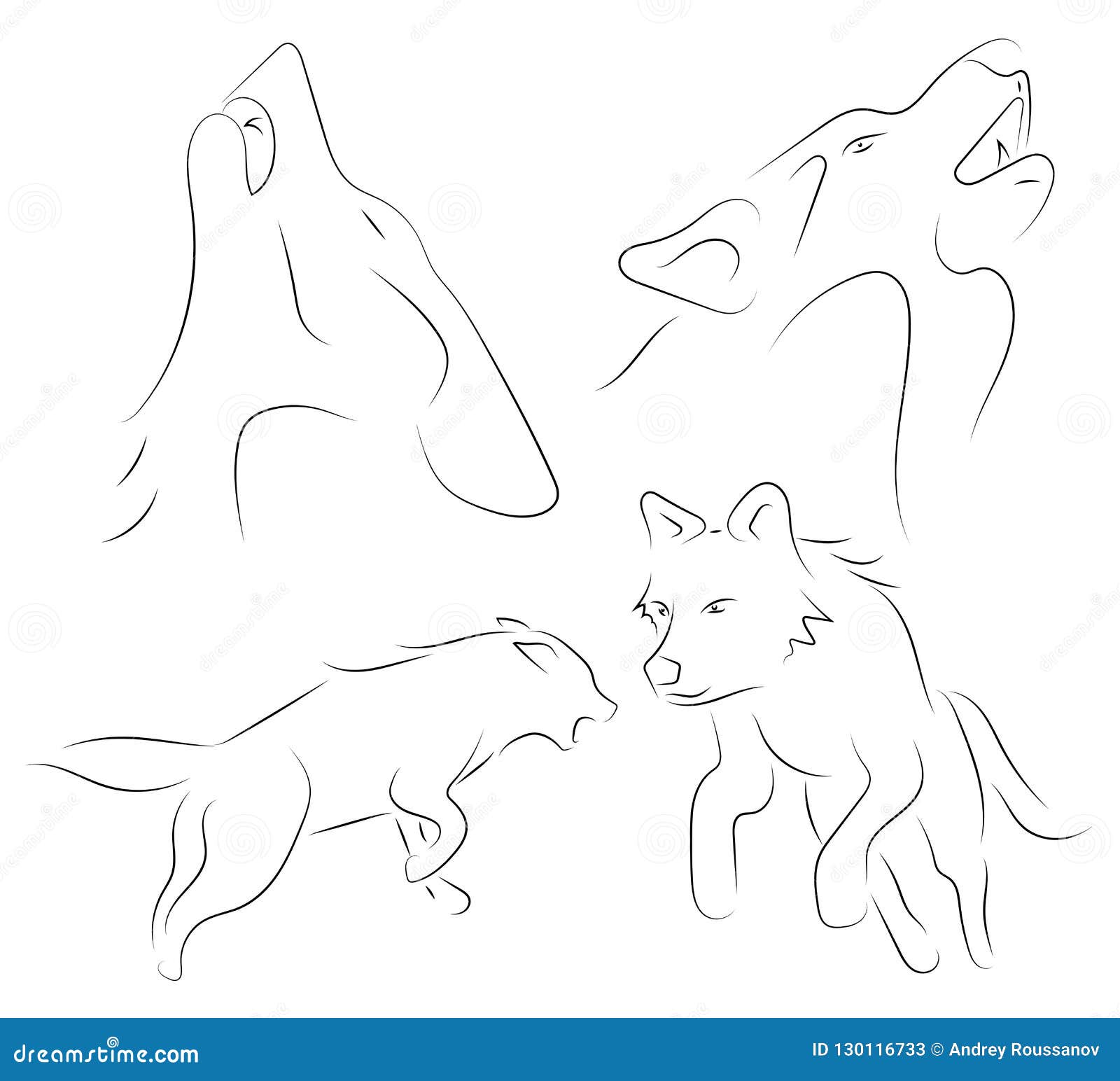 Black Line Wolfs on White Background. Hand Drawn Linear Sketch Stock ...