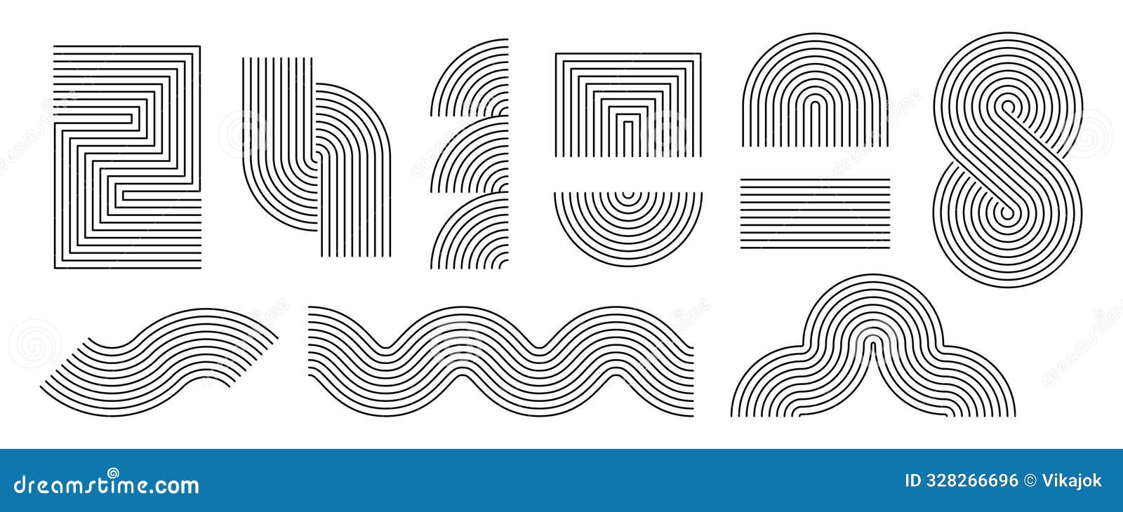 Black Linear Boho Style Geometric Shape Set. Mid Century Curves, Waves ...