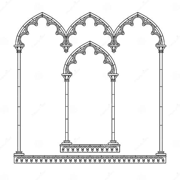Black Linear Drawing of Two Classic Gothic Architectural Decorative ...