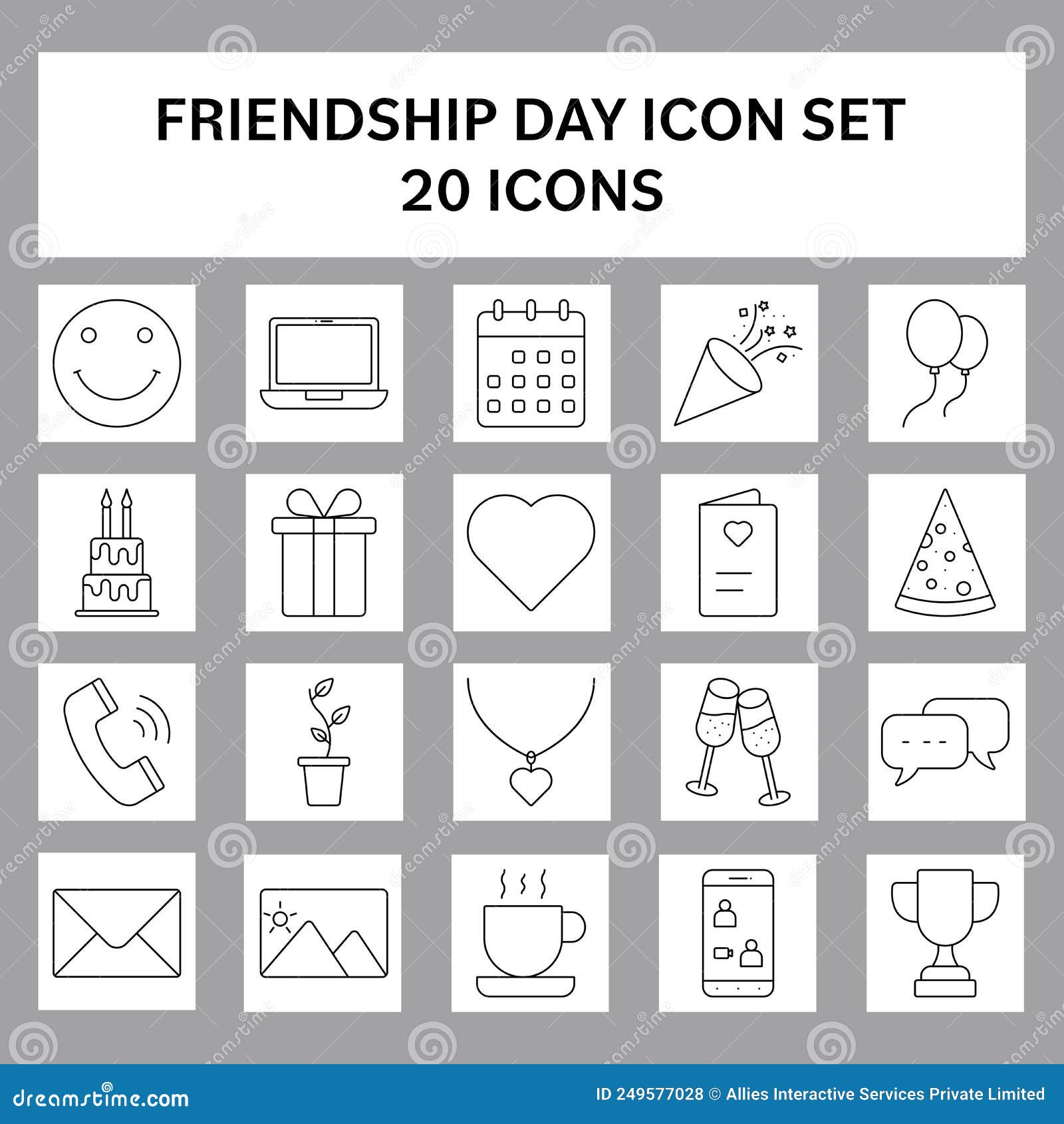 Black Linear Style Friendship Day Icon Set on Grey Square Stock ...