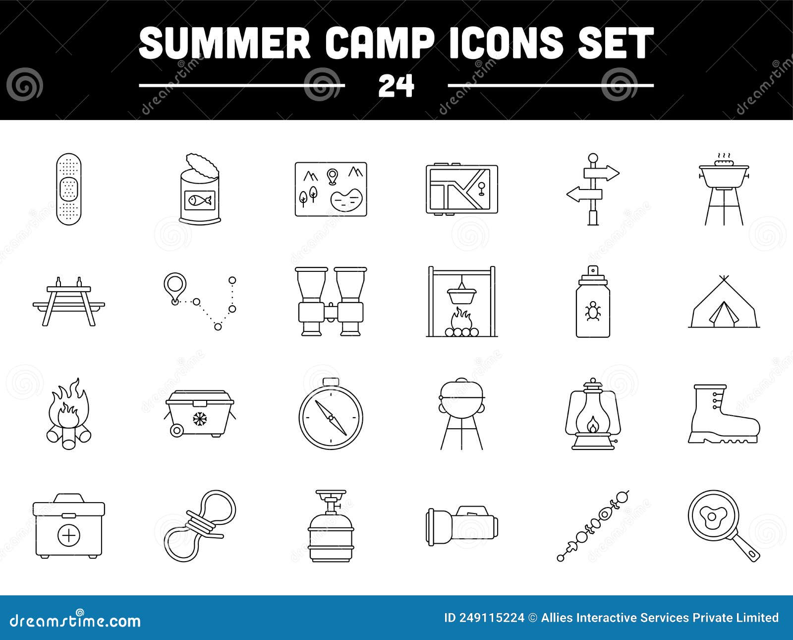 Black Linear Style Summer Camp Icons or Symbols Stock Illustration ...