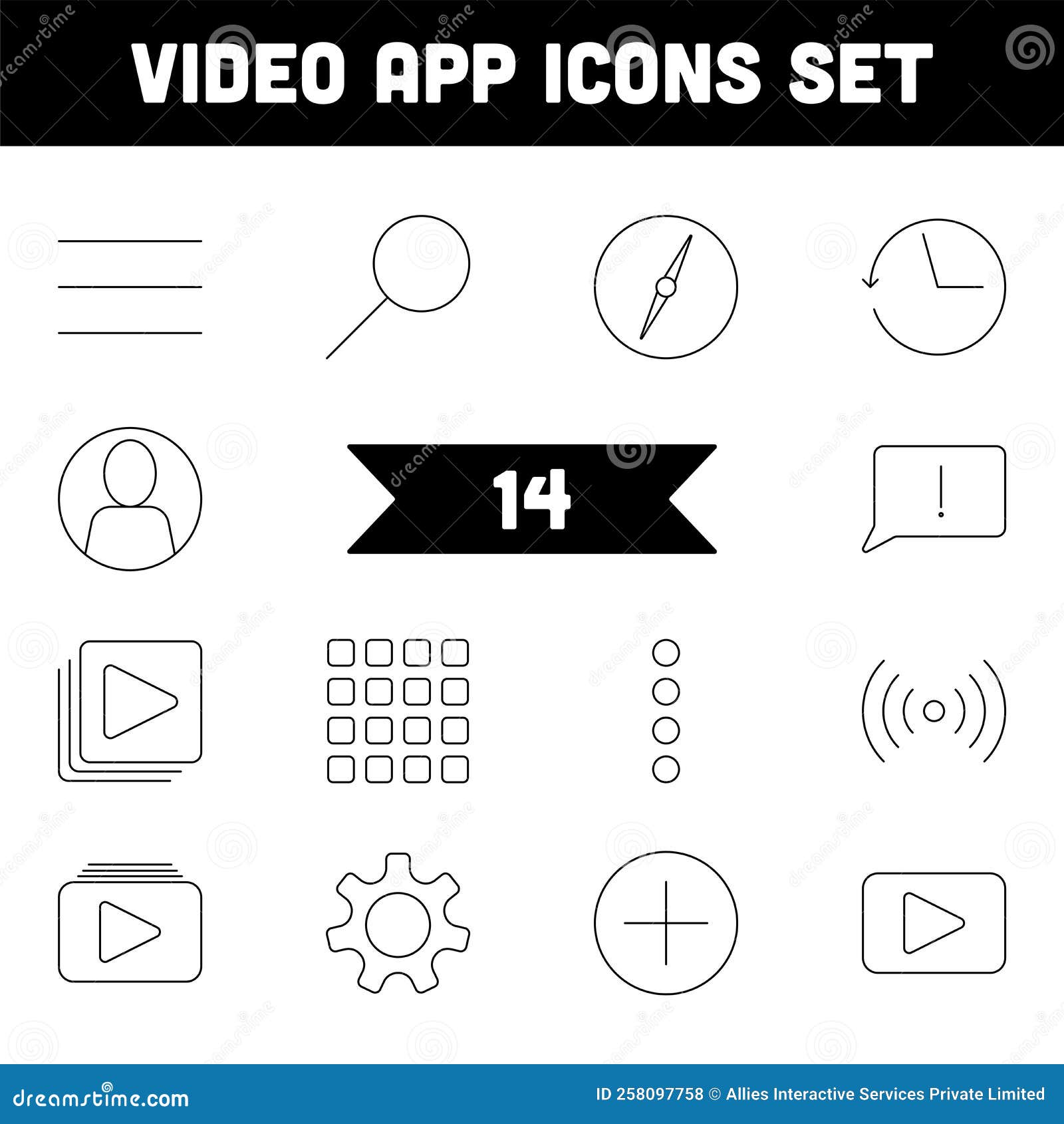 14 Black Linear Video App Icon or Symbol Stock Illustration ...