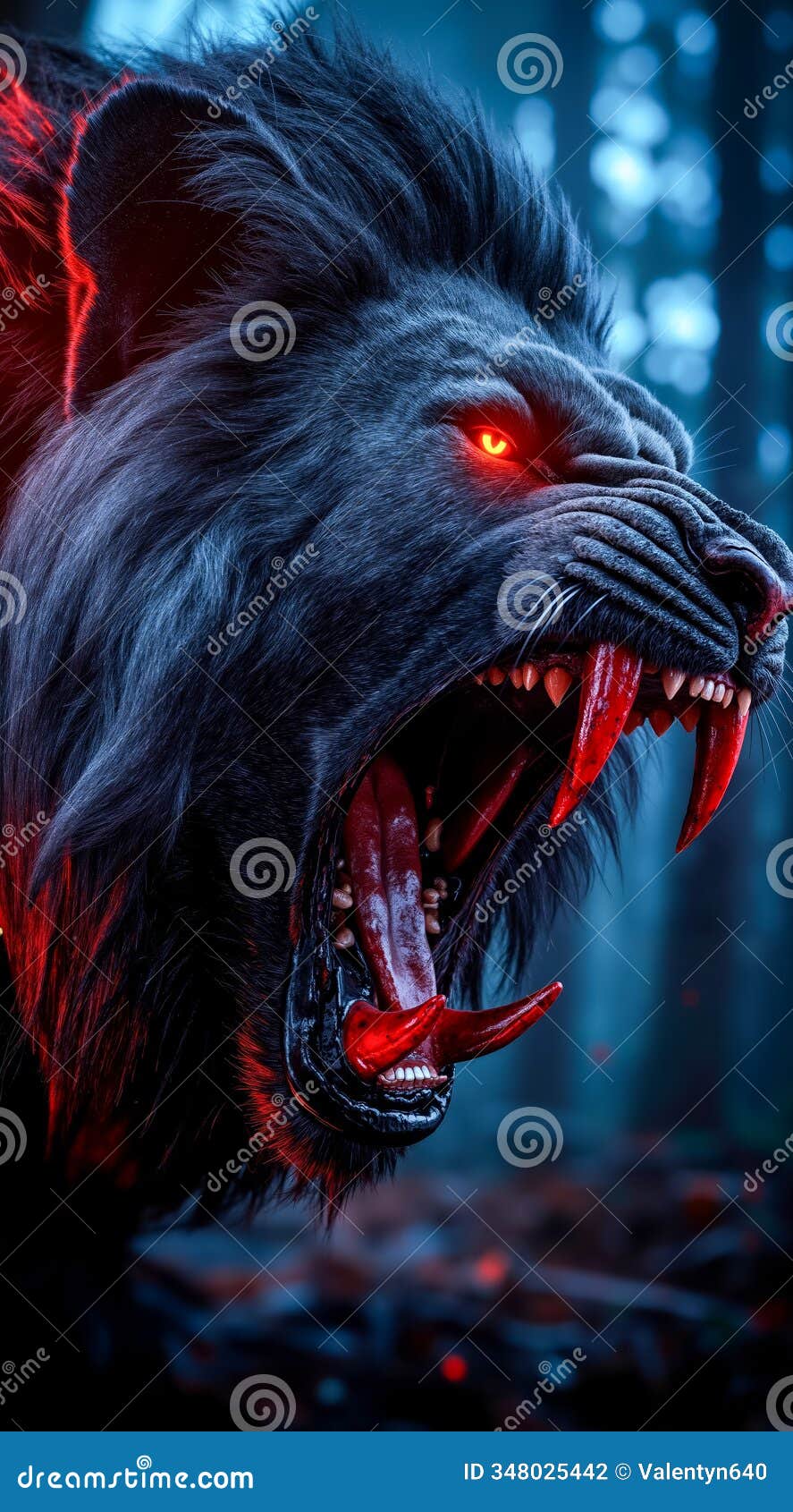 A Black Lion with Red Eyes and Fangs in the Dark Stock Photo - Image of ...