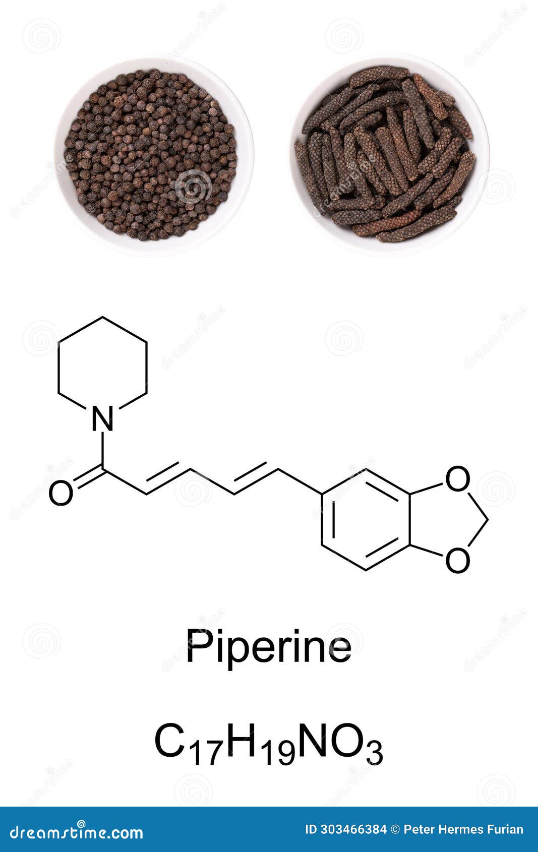 Black and Long Pepper in White Bowls, with Chemical Formula of Piperine ...