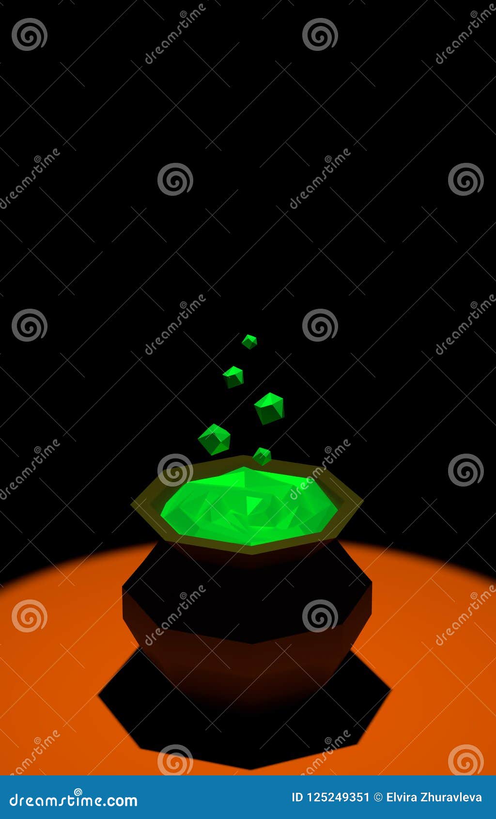 Low Poly Cauldron with Green Potion and Bubbles on Black Background 3D ...