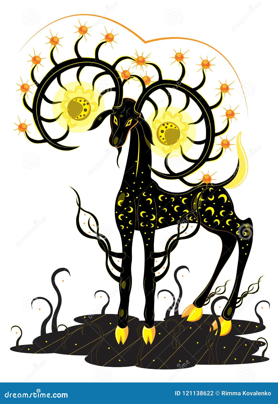 Black Lunar Goat with the Moon and the Sun Stock Vector - Illustration ...