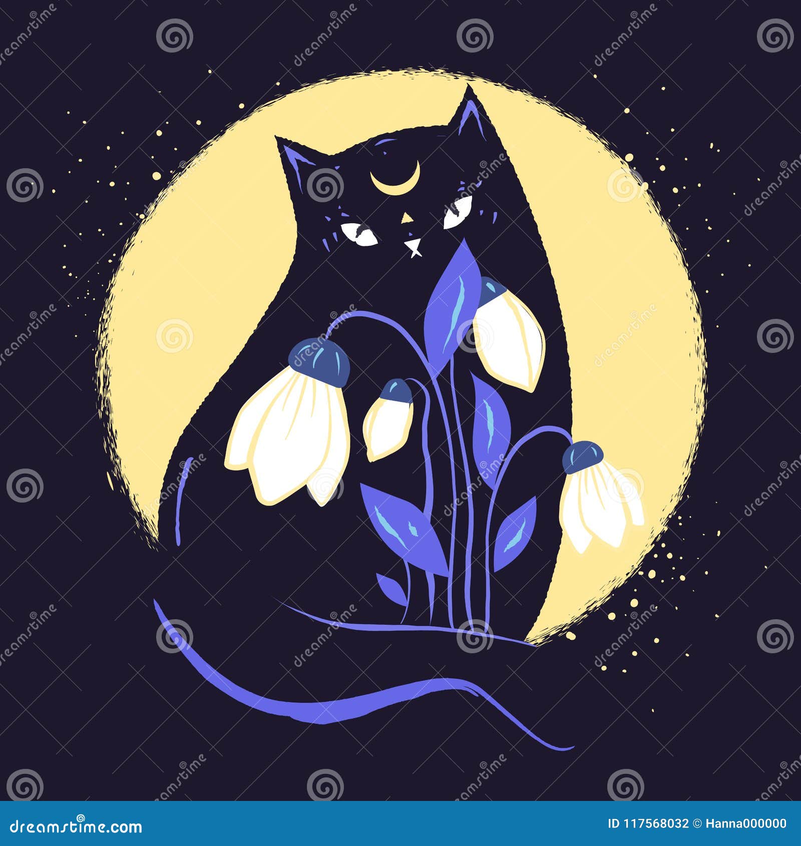 Black Magic Cat with Snowdrops in the Background of the Moon.Vector ...