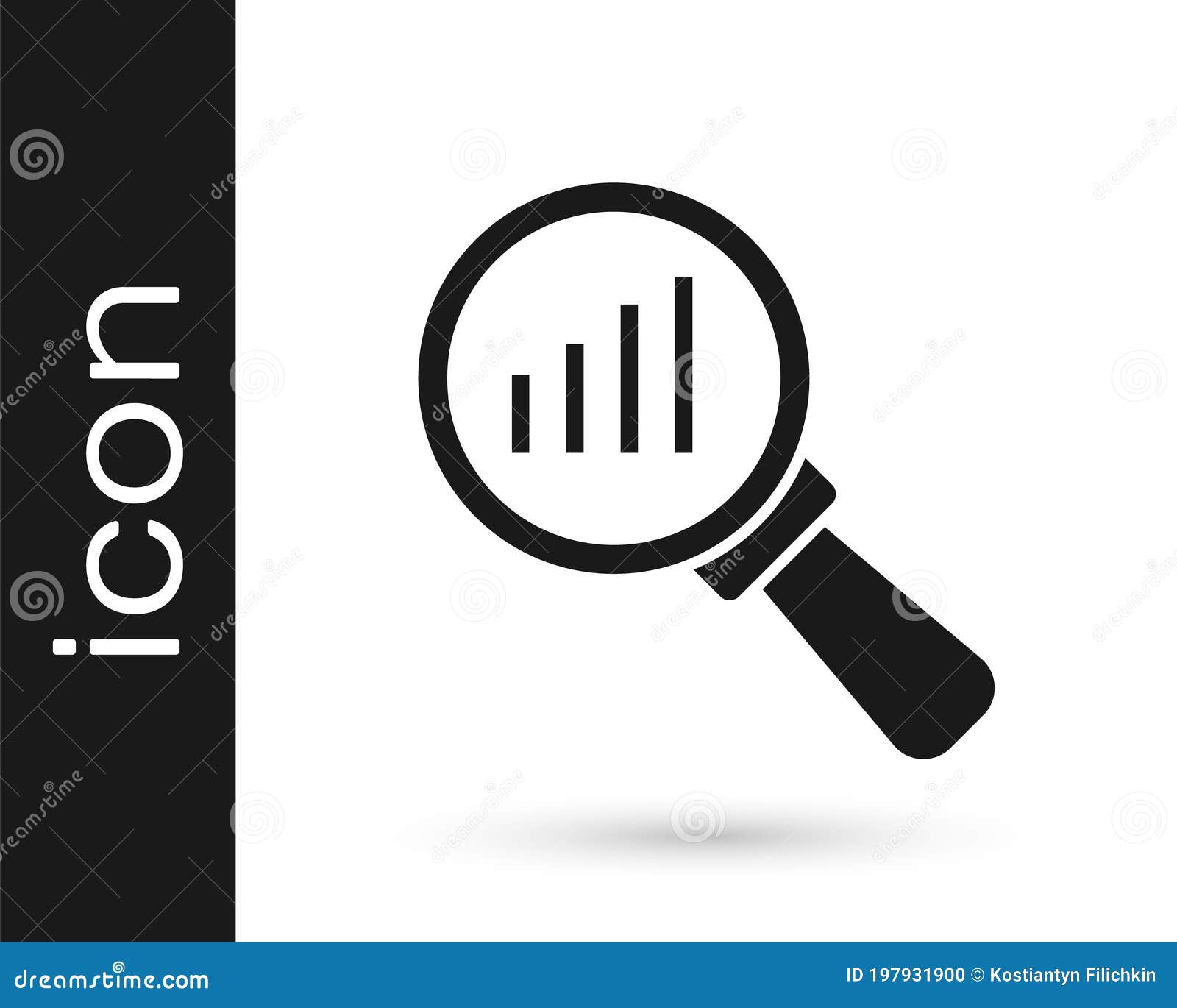 Black Magnifying Glass and Data Analysis Icon Isolated on White ...