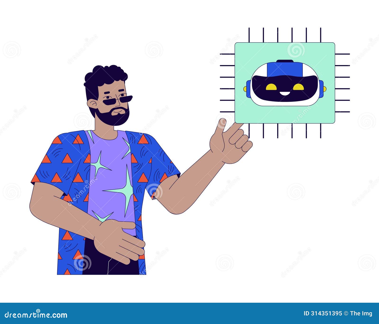 Black Man With Ai Microchip 2d Linear Cartoon Character Stock Vector