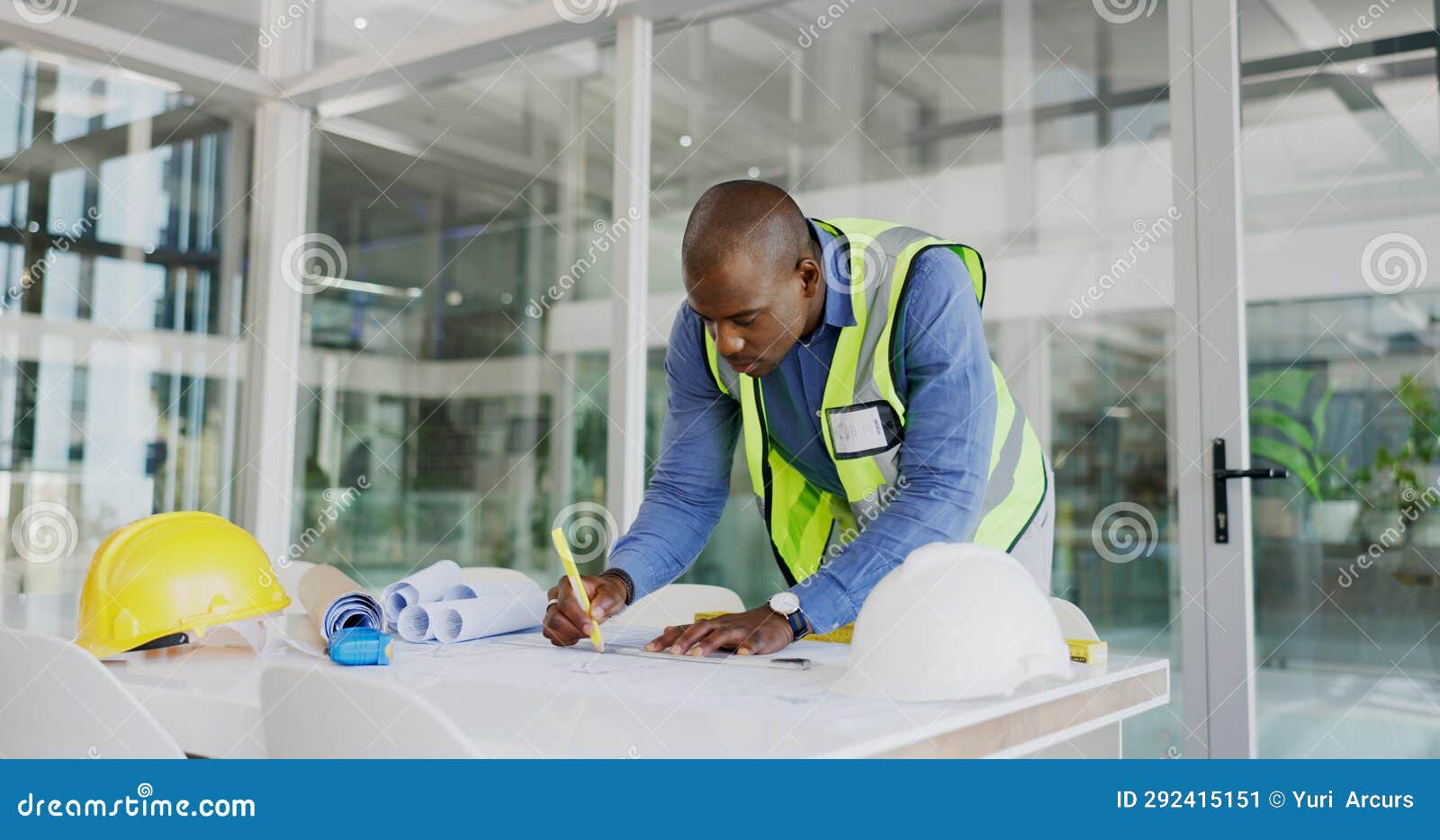 Black Man, Architect and Drawing Blueprint for Construction Job ...