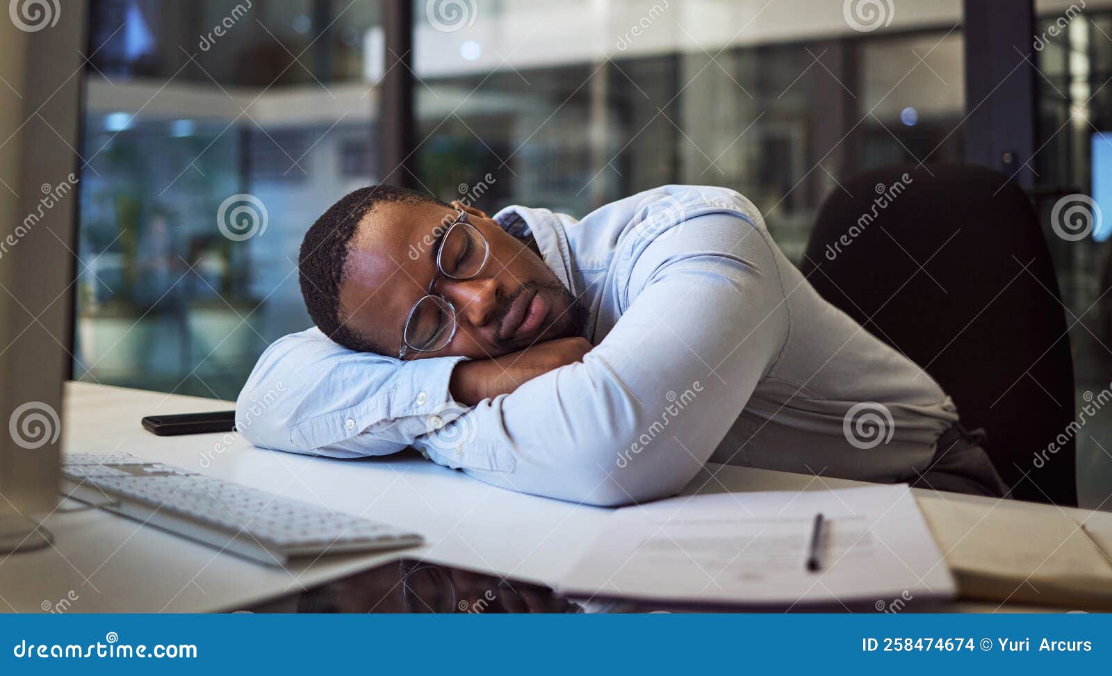 Black Man in Business, Tired and Sleeping on Night Office Desk after ...