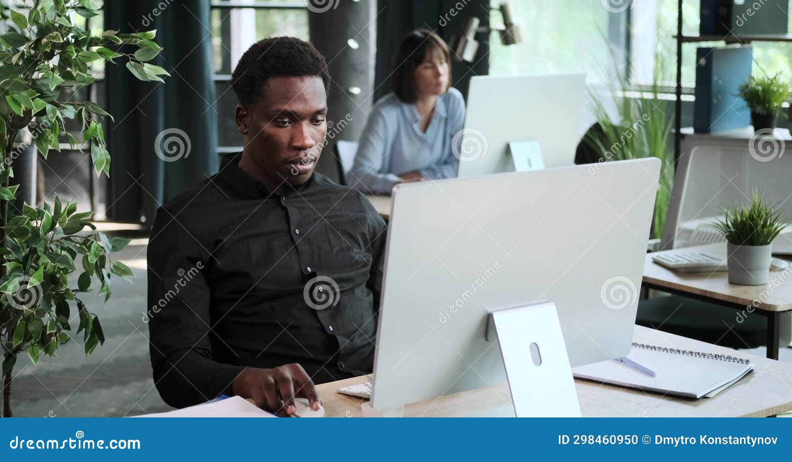 Black Man Working at Computer in Modern Office Stock Footage - Video of ...