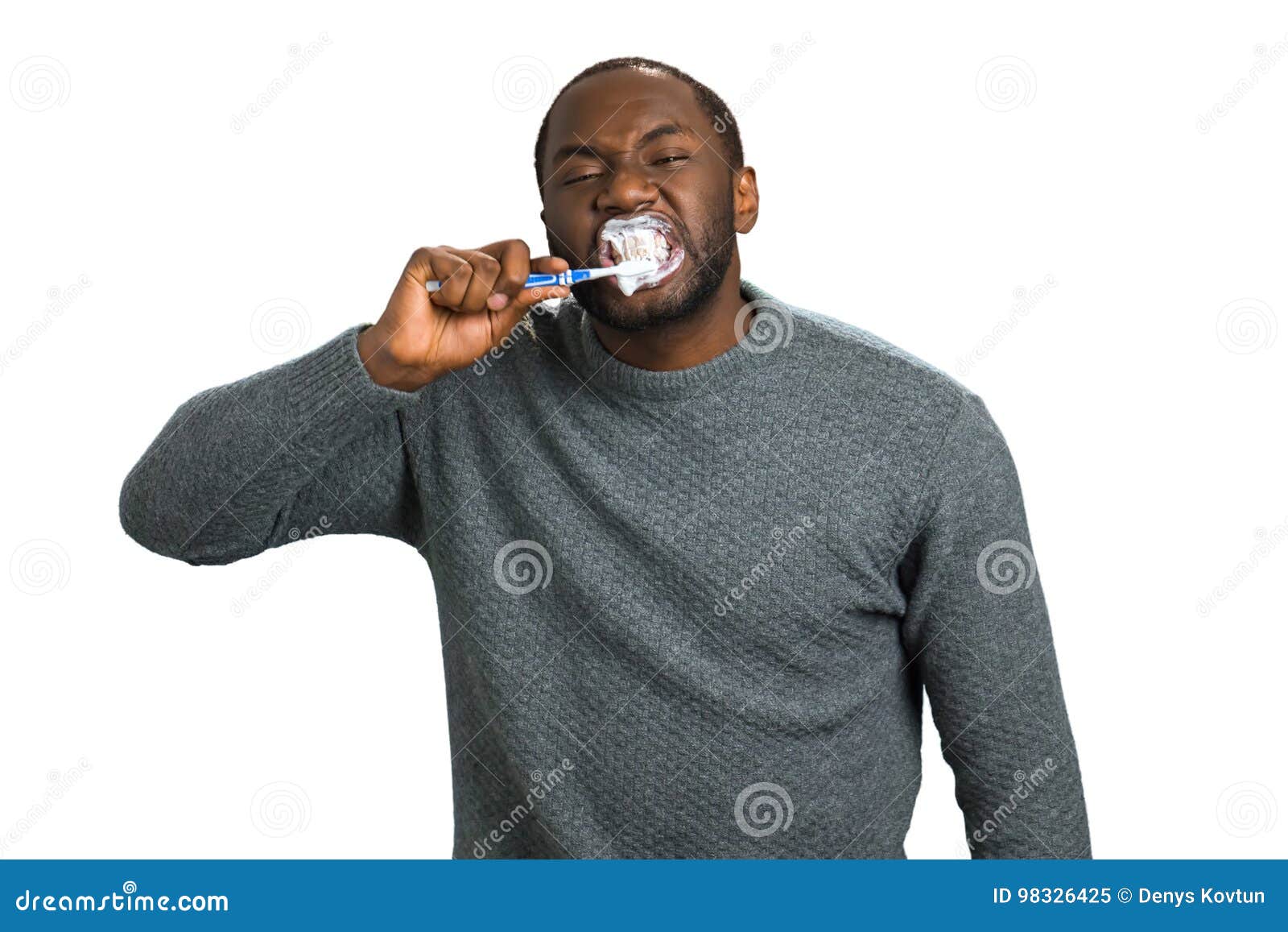 Black Man Enthusiastically Brushing Teeth. Stock Image - Image of ...
