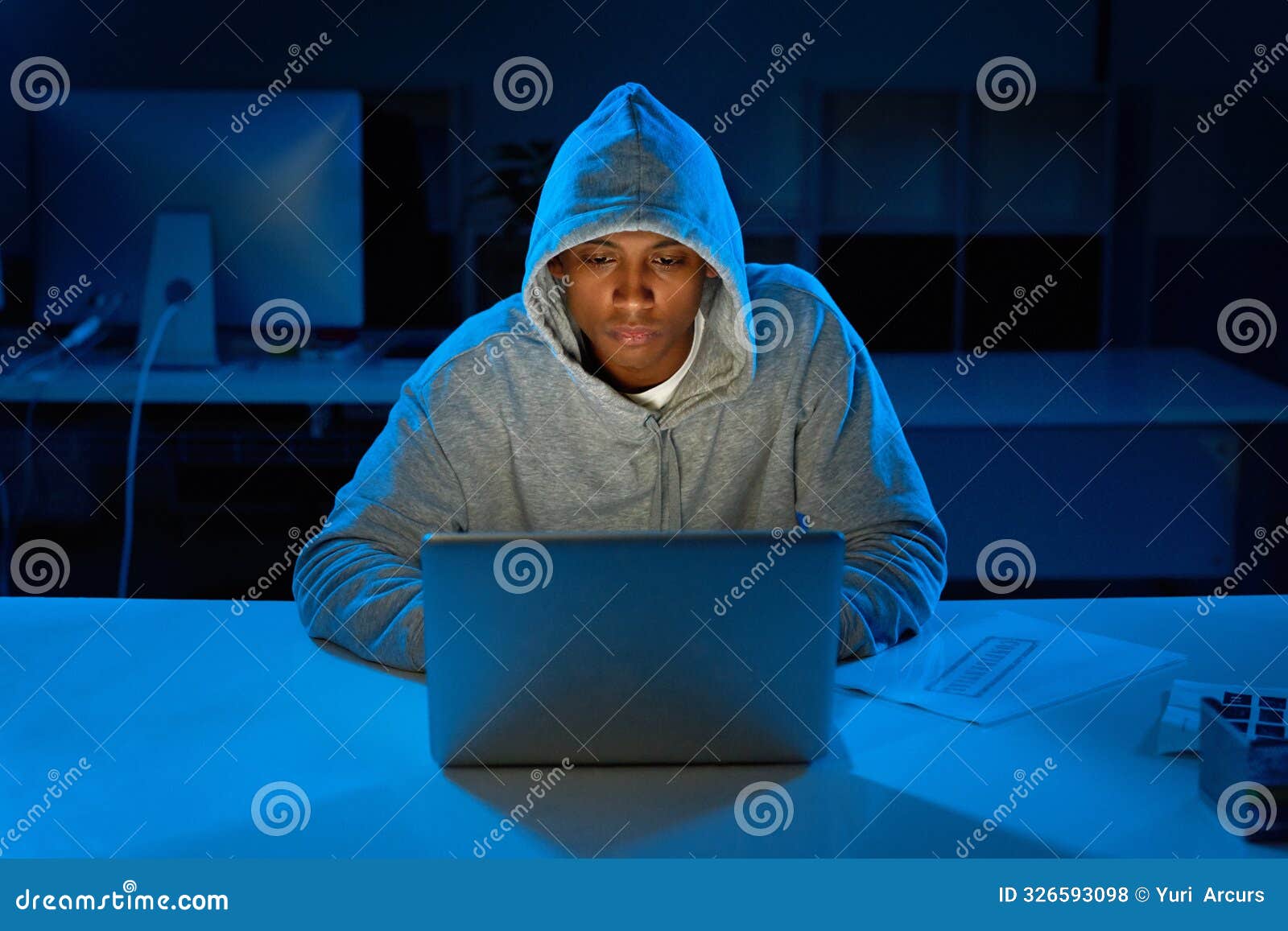 Black Man, Night or Hacker with Laptop for Cybersecurity Problem ...