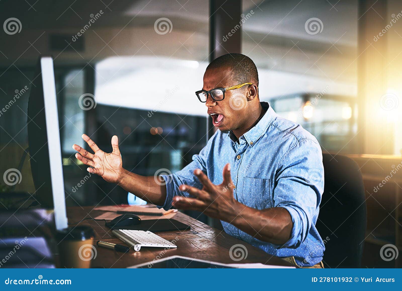 Black Man in Office, Night and Angry with Computer Glitch, Stress with ...