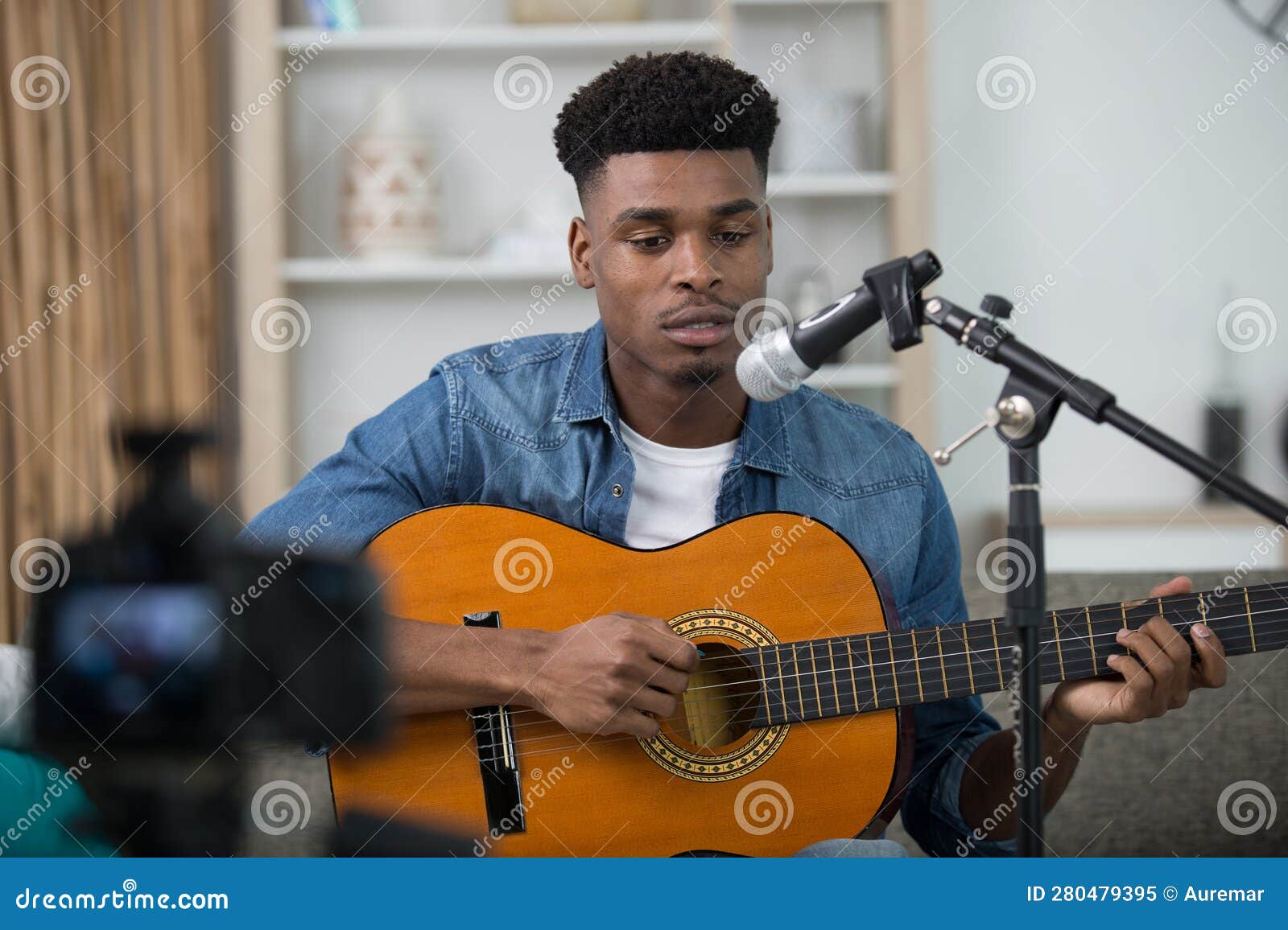 Black man playing guitar stock image. Image of portrait - 280479395