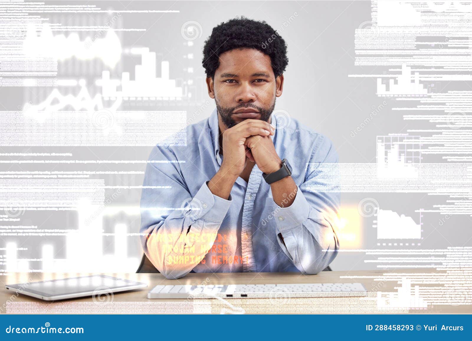 Black Man, Portrait and Dashboard, Coding and Hologram, Cybersecurity ...