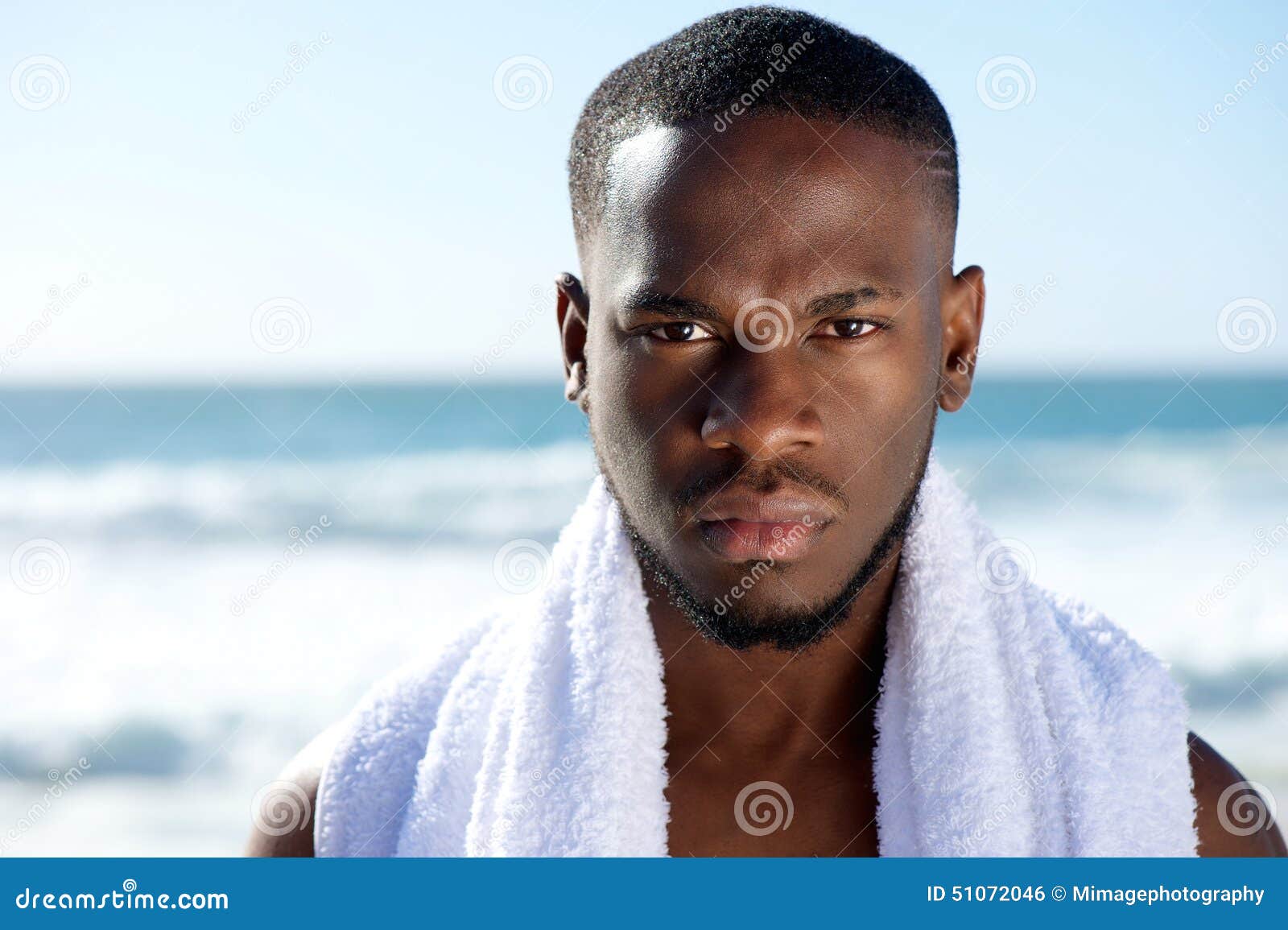 Black Man Posing with White Towel at the Beach Stock Photo - Image of ...