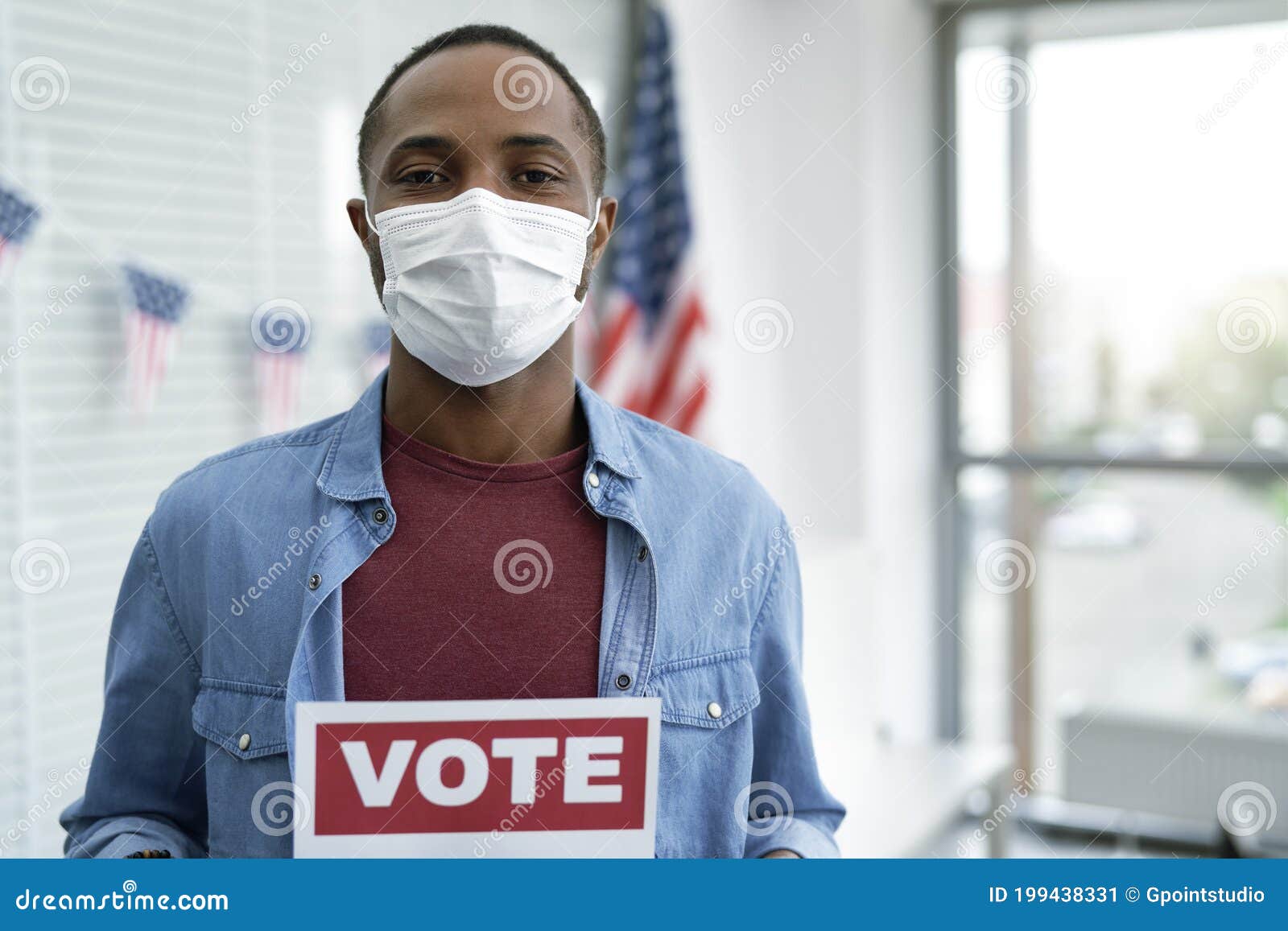 Black Man in Face Mask with Voting Card Stock Image - Image of ...