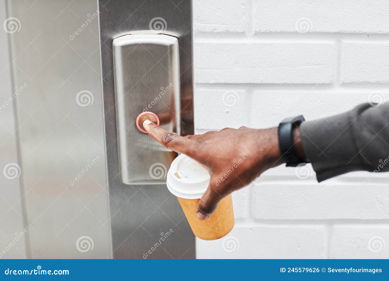 Black Man Pushing Lift Button Stock Photo - Image of coworking ...